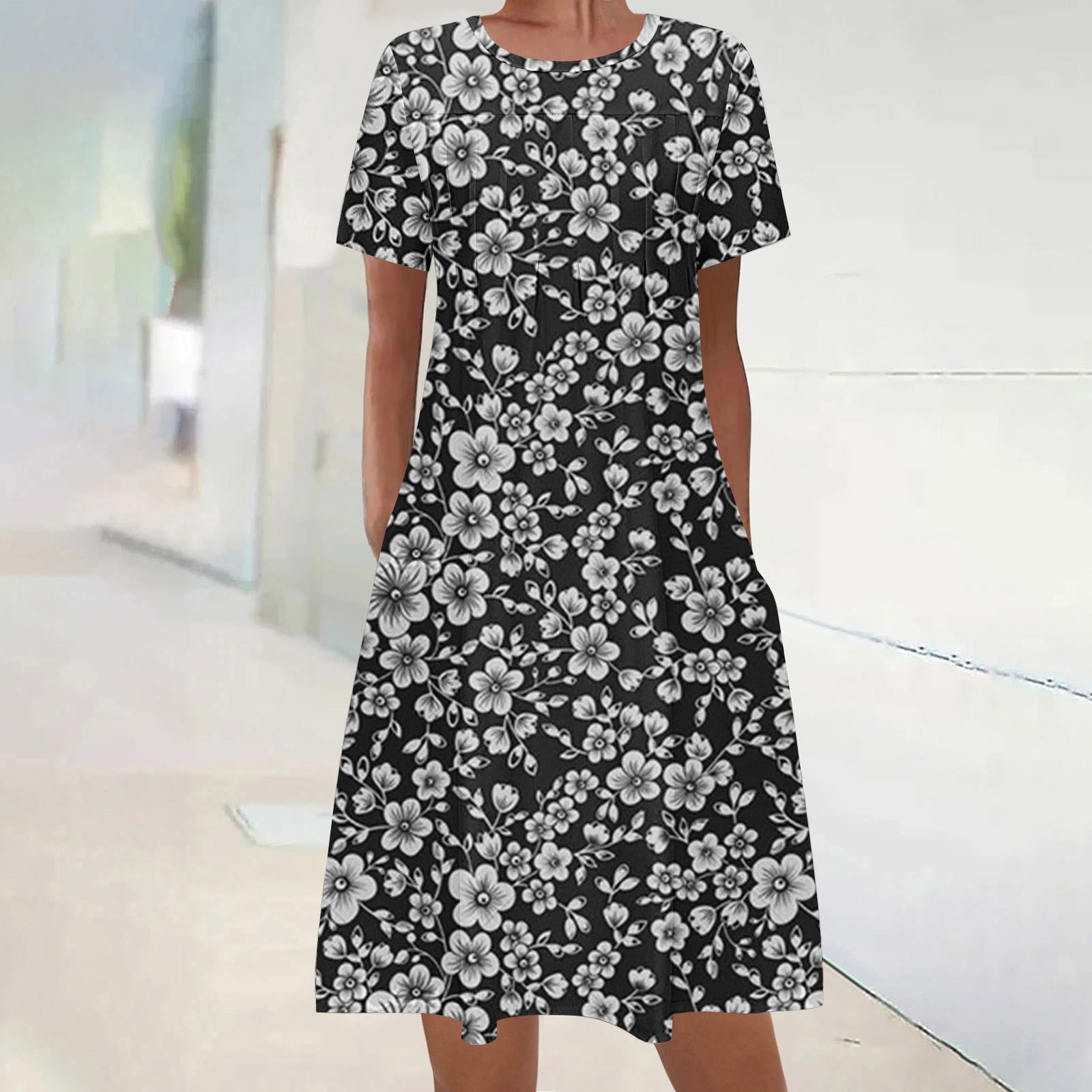 Sakmal Mid-Length Summer Dresses for Women 2024 Trendy Black Crew Neck ...
