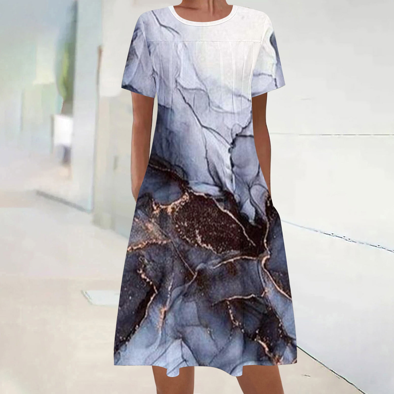 Sakmal Mid-Length Womens Summer Dresses Crew Neck Blue Graphic Short ...