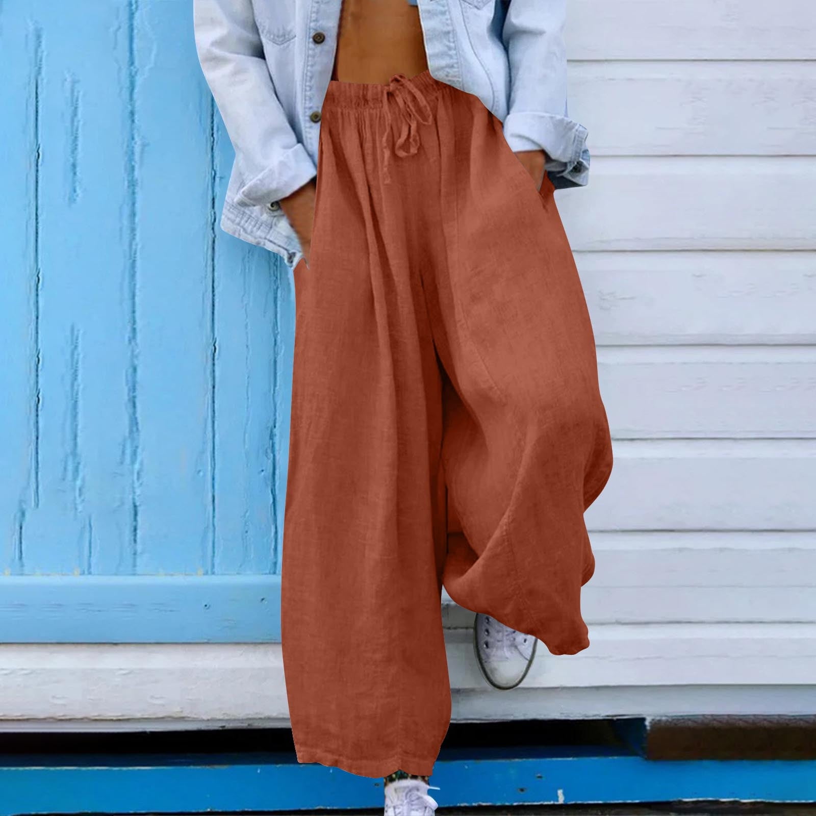 Sakmal Mid Womens Pants Wide Leg Flowy Work Palazzo Orange Solid Pants ...