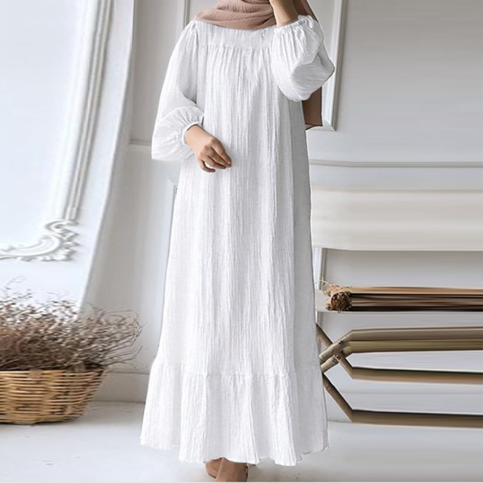 Sakmal Modest Women's Dresses Shift White Maxi Church Dress Puff Long ...