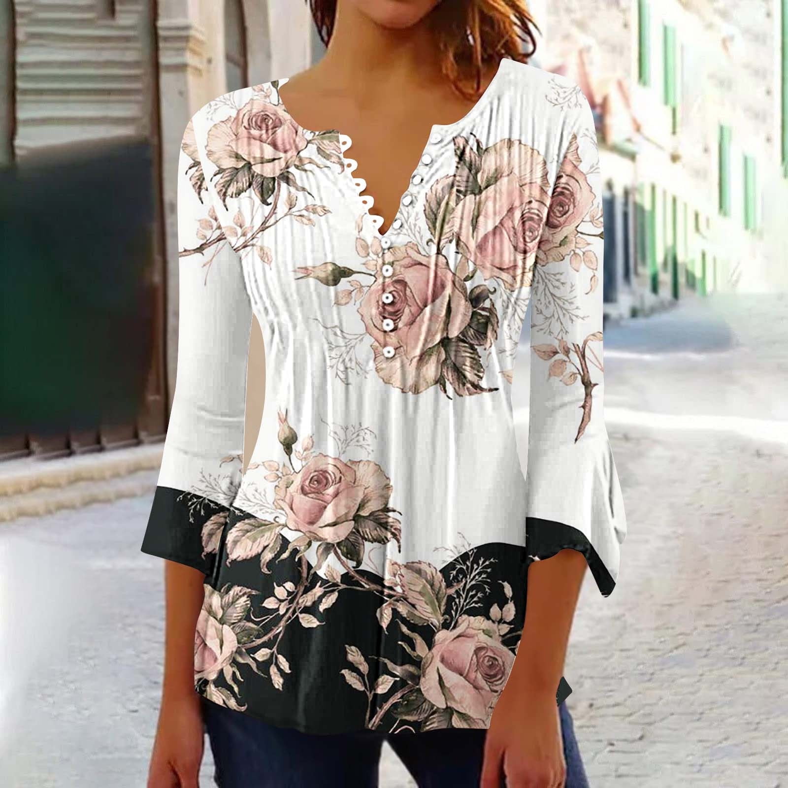 Sakmal Month Top Deal 3/4 Sleeve White V-Neck Button Floral Flower ...