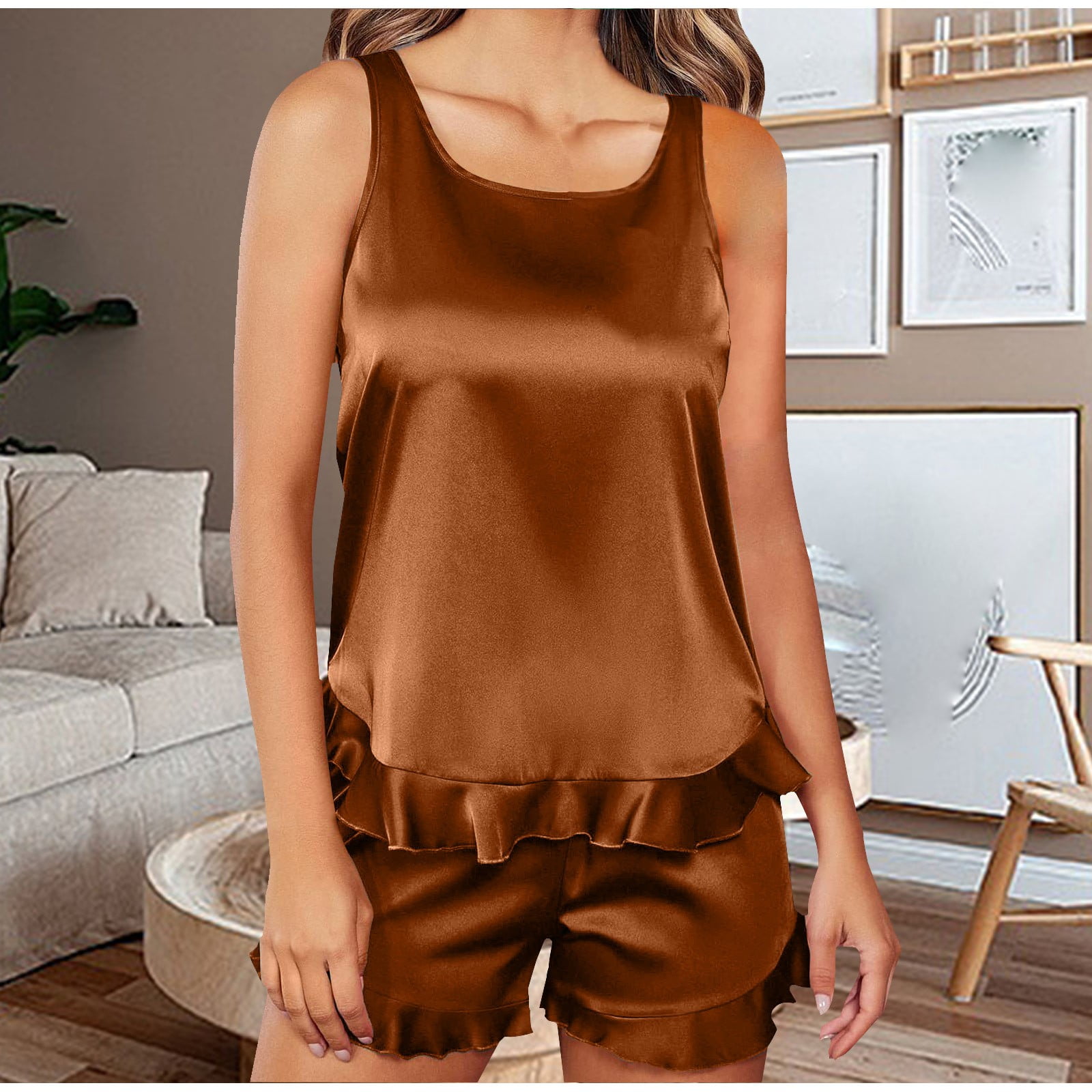 Sakmal Month Top Deal Sleeveless Gold Pajamas Sets Scoop Neck Ruffle ...