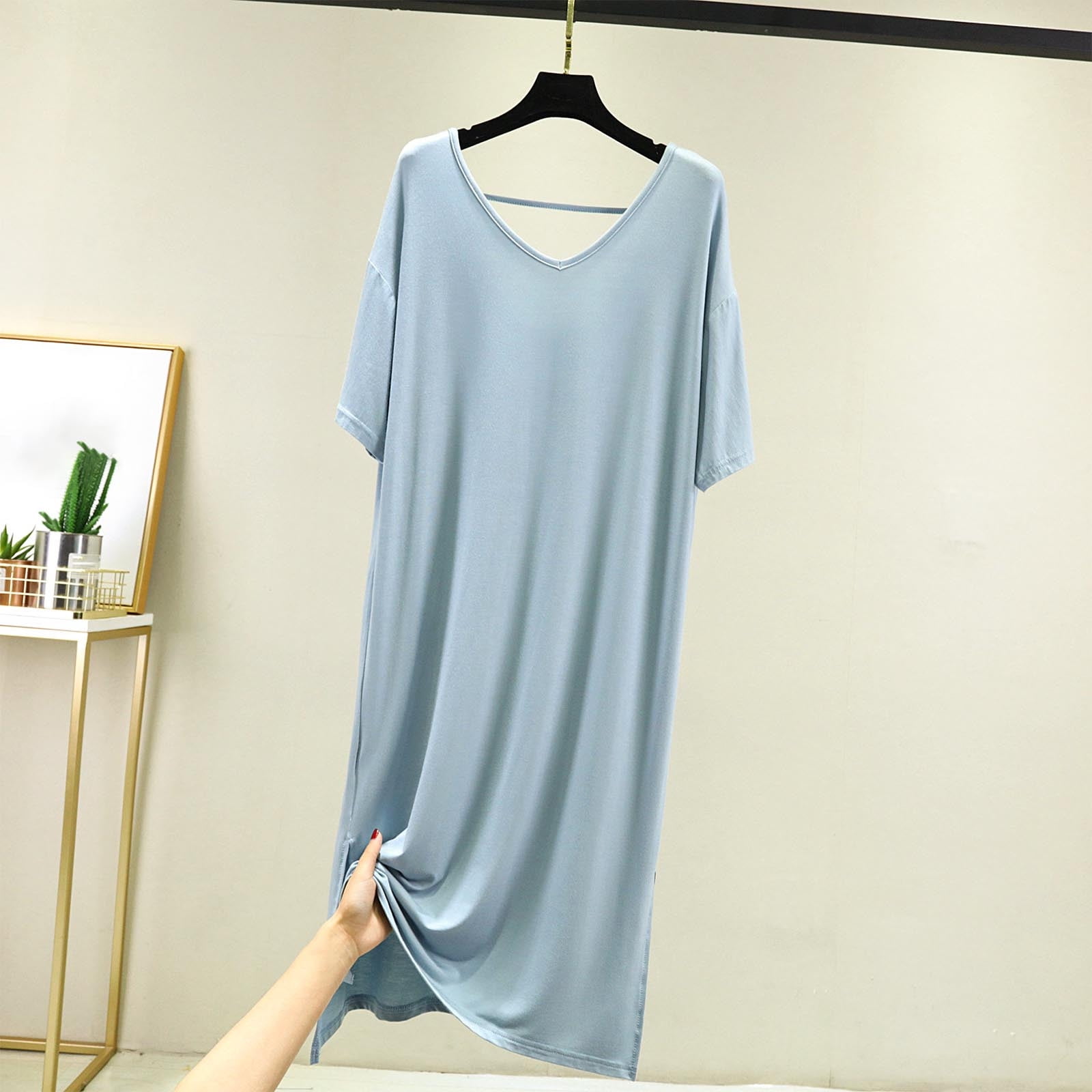 Sakmal Moo Moos for Women Cotton Short Sleeve House Dress Solid V-Neck ...