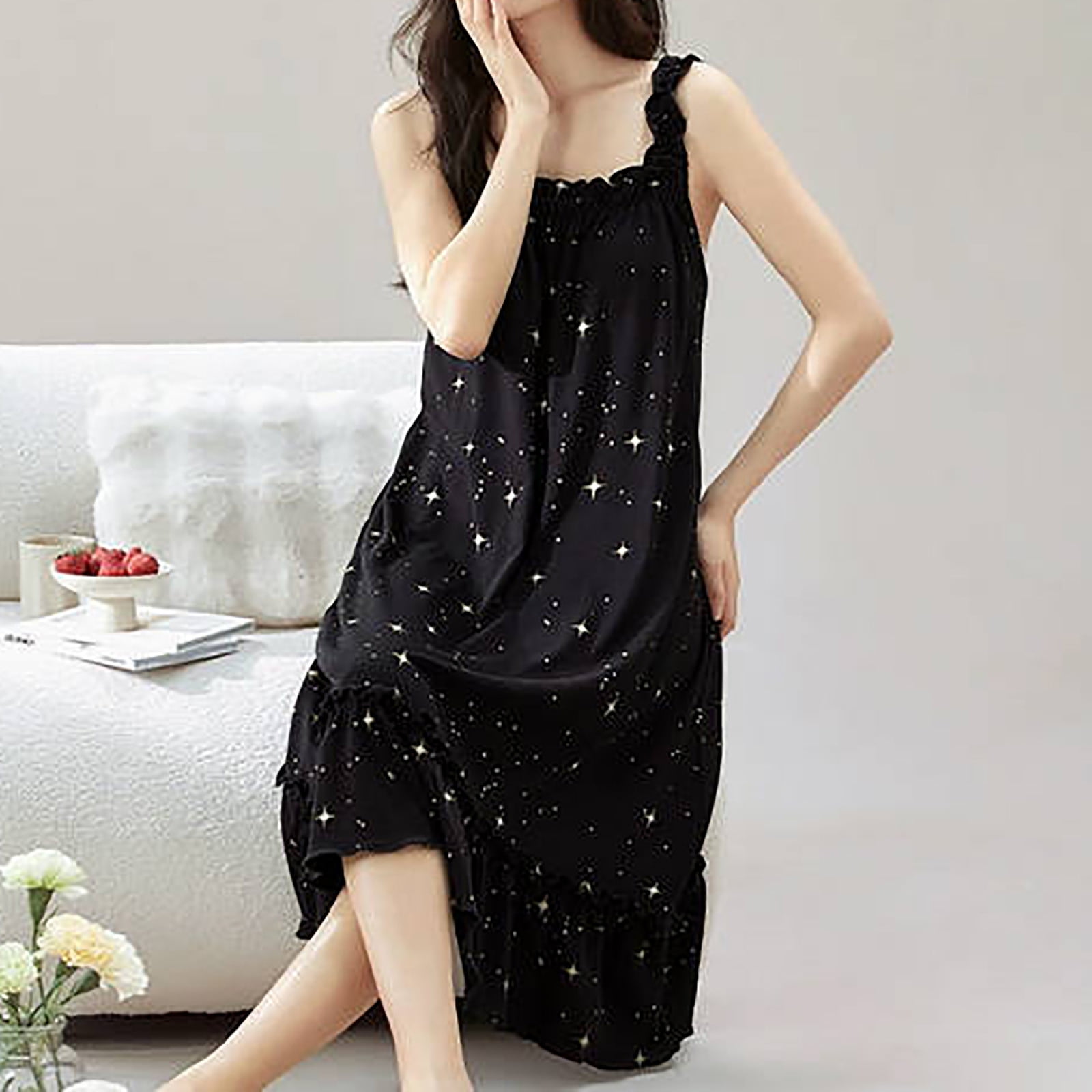 Sakmal Moomoo Tank Nightgowns for Women Black Knee Length Lightweight ...