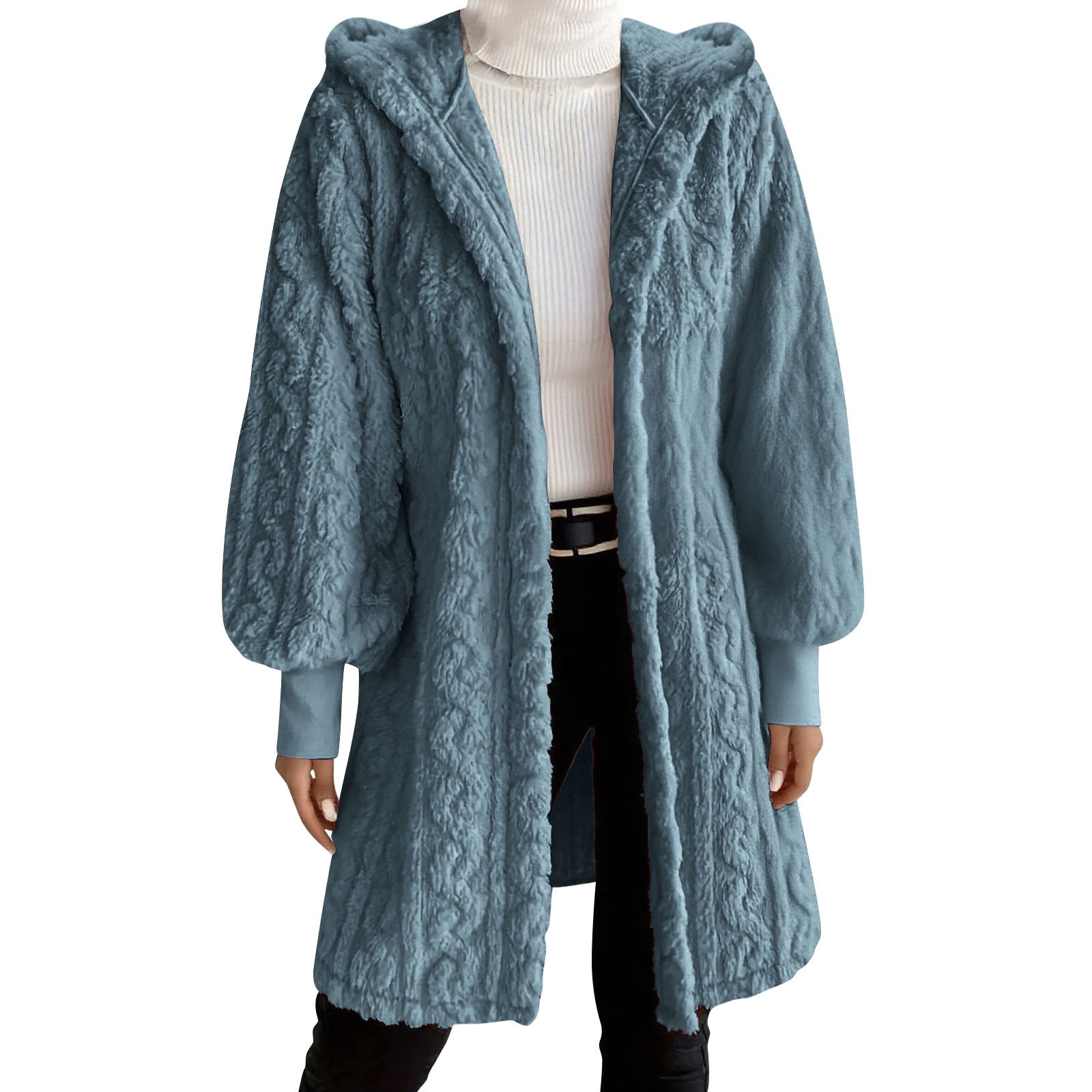 Sakmal Open Front Jackets Women Zip Up Blue Sherpa Fleece Jacket Solid ...