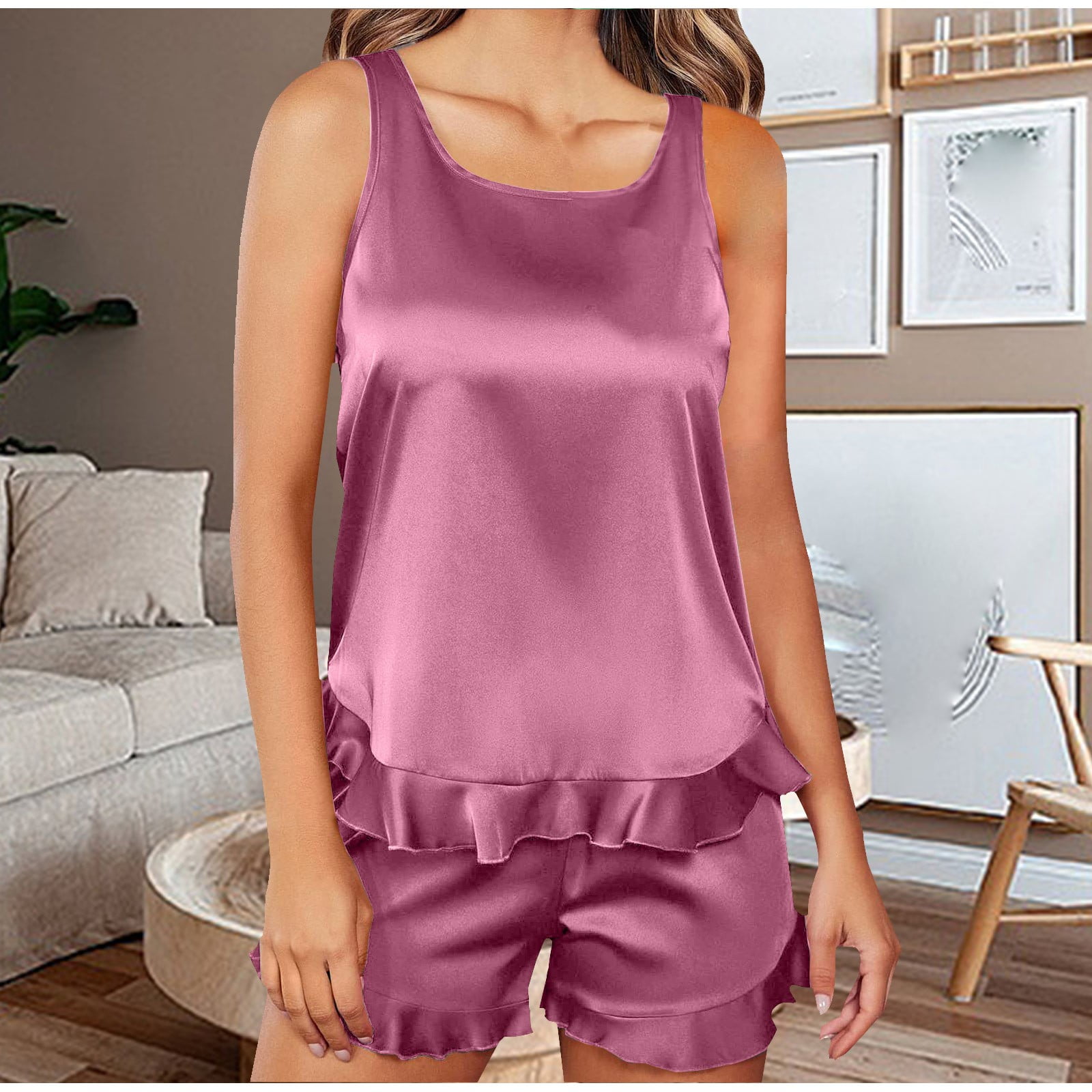 Sakmal Pajamas for Women Trendy Pink Sleeveless Pajamas Sets Scoop Neck ...