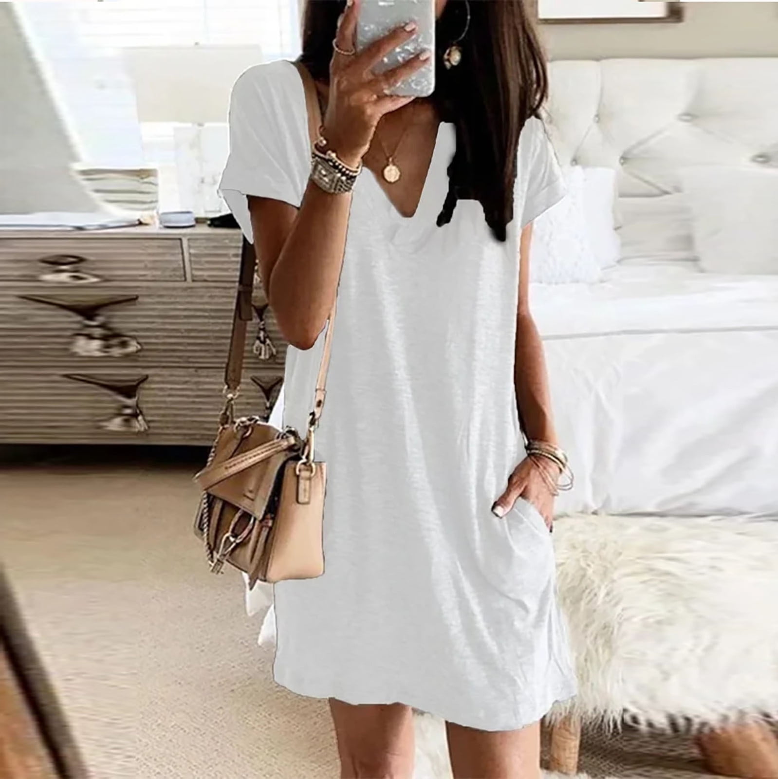 Sakmal Petite Dresses for Women White Mini T Shirt Dress V Neck Short ...