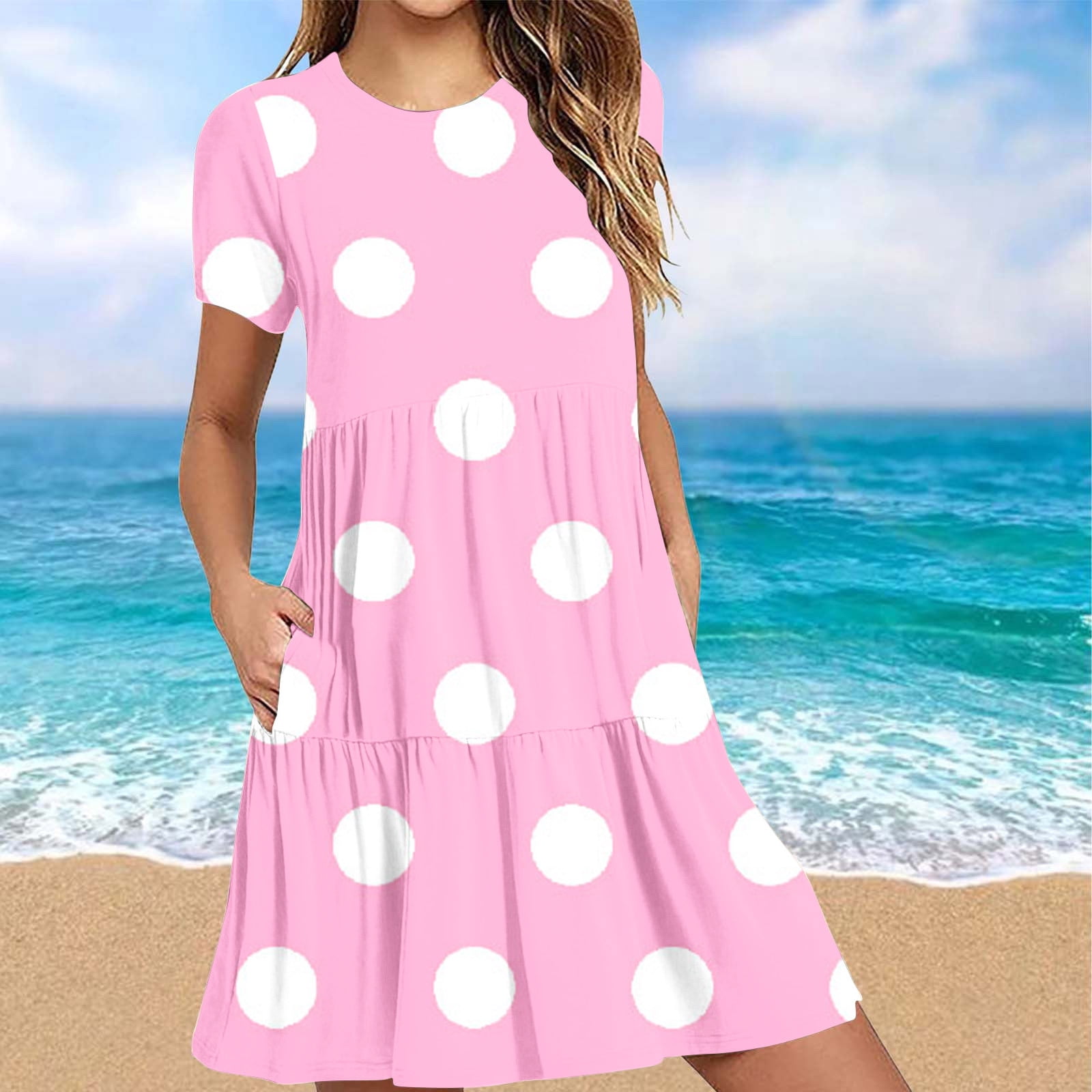 Sakmal Pink Casual Summer Dresses for Women Long Crew Neck Tiered Short ...