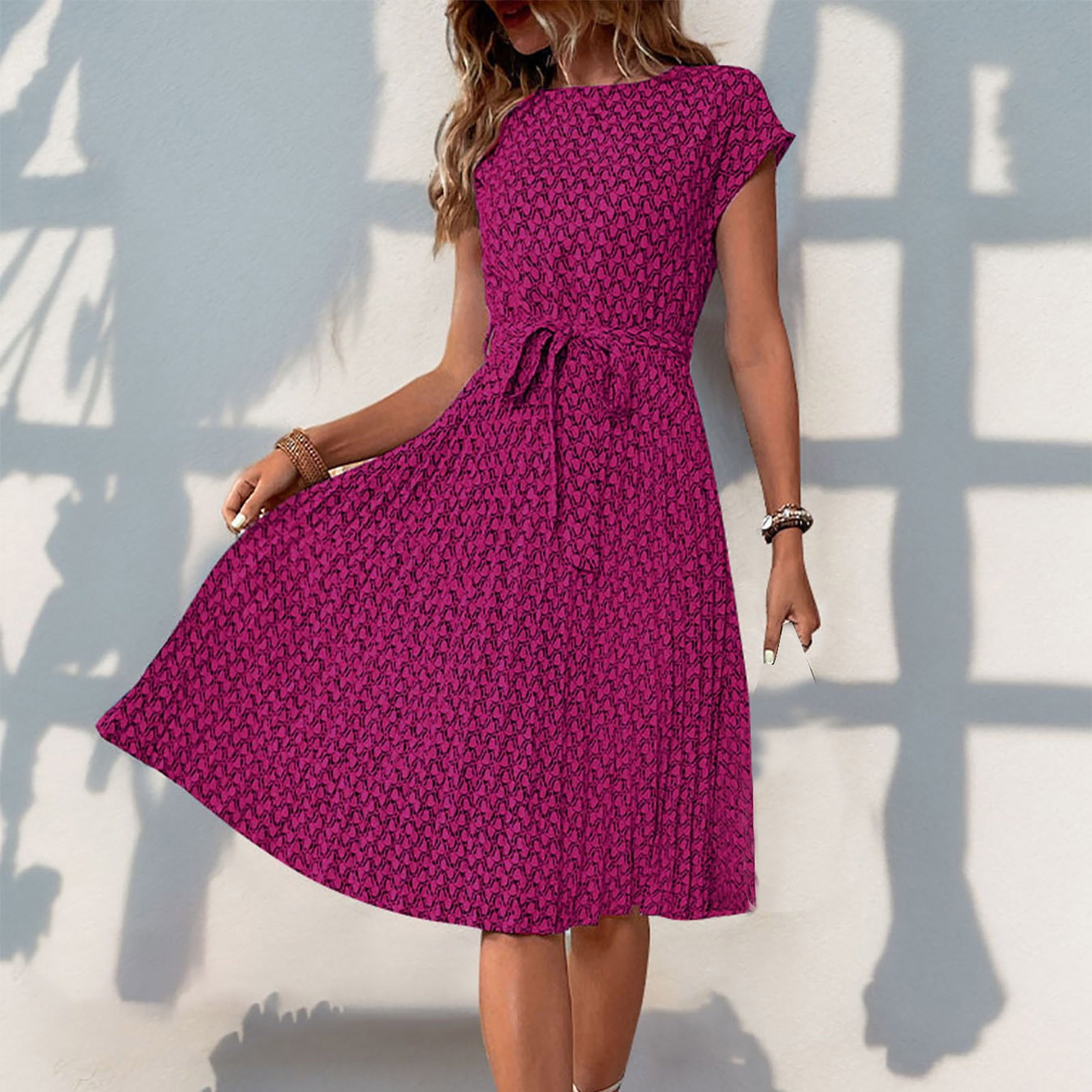 Sakmal Pink Sundresses for Women 2024 Mid-Length Crew Neck Graphic ...