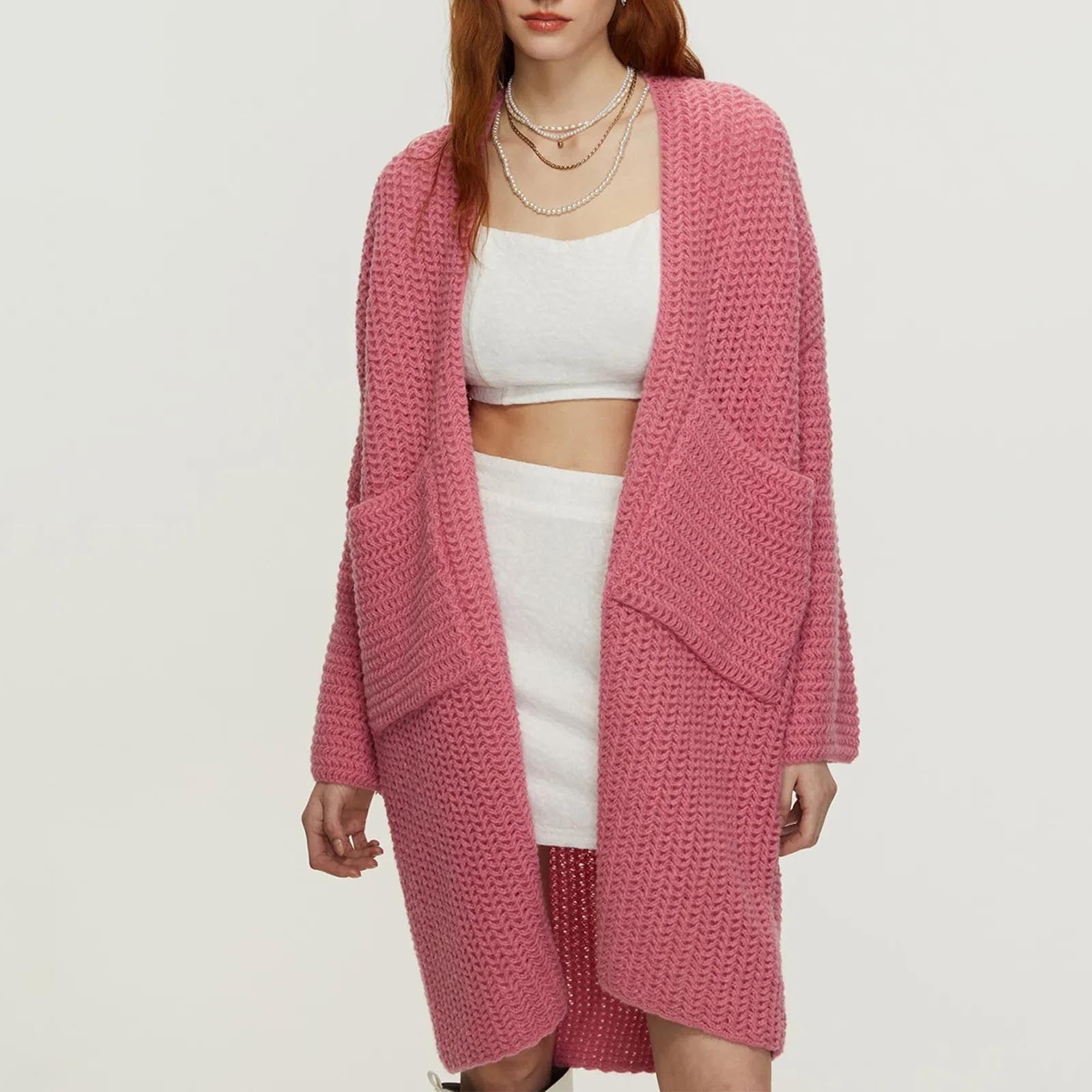 Sakmal Pink Woemns Sweaters Open Front Knit Cardigan Sweater Coats ...