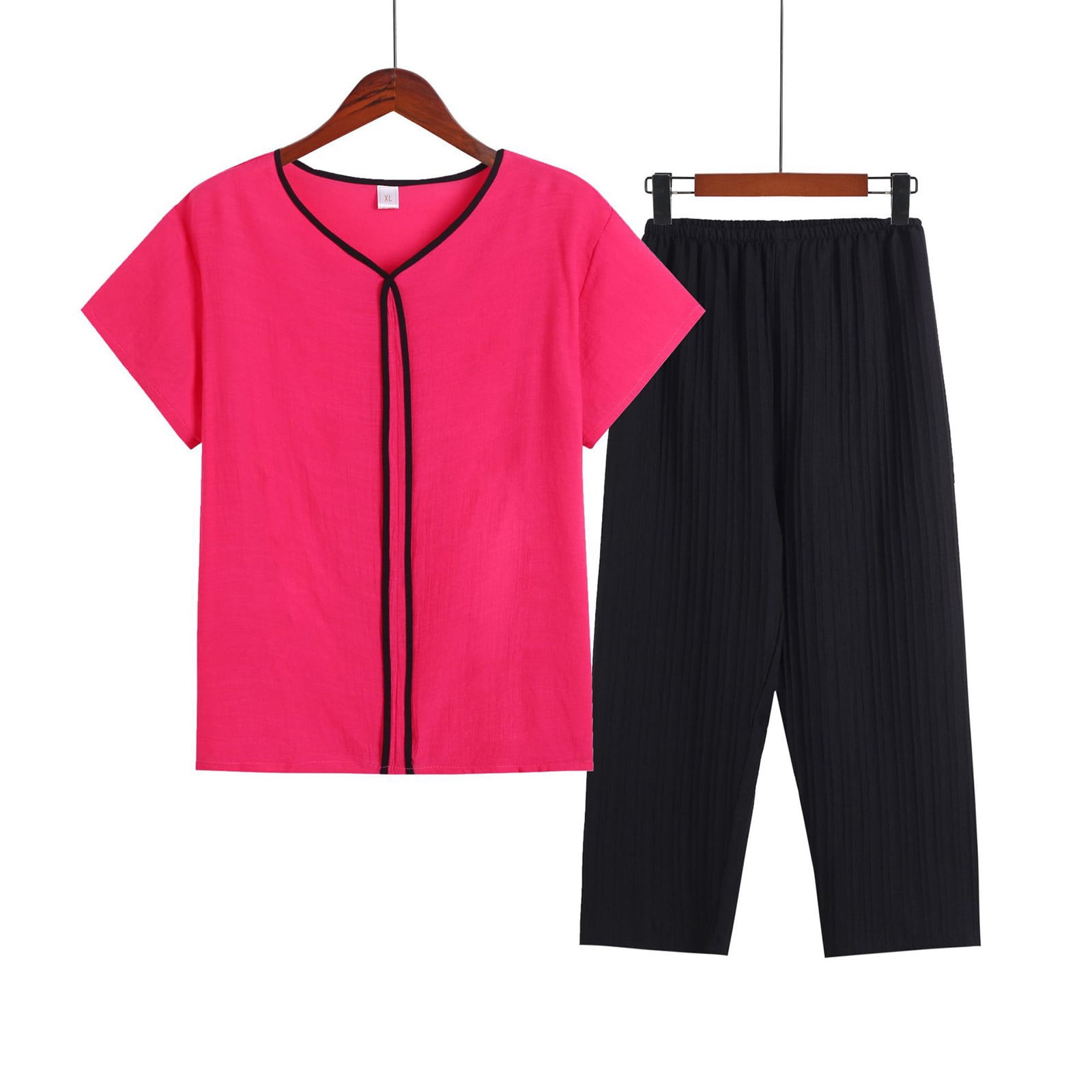 Sakmal Pink Womens Pajamas Sets Cropped Short Sleeve Loose Fit Solid ...