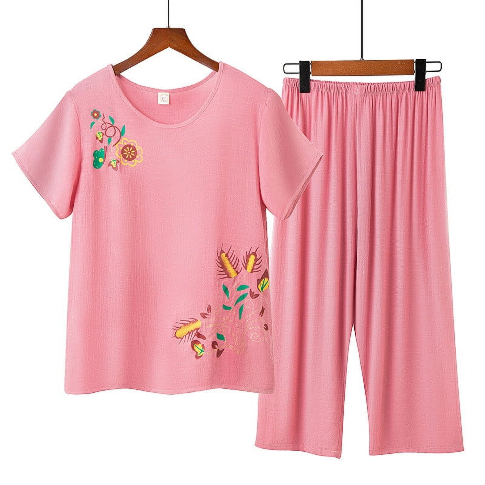 Sakmal Pink Womens Pajamas Sets Plus Size Cropped Short Sleeve Cotton ...