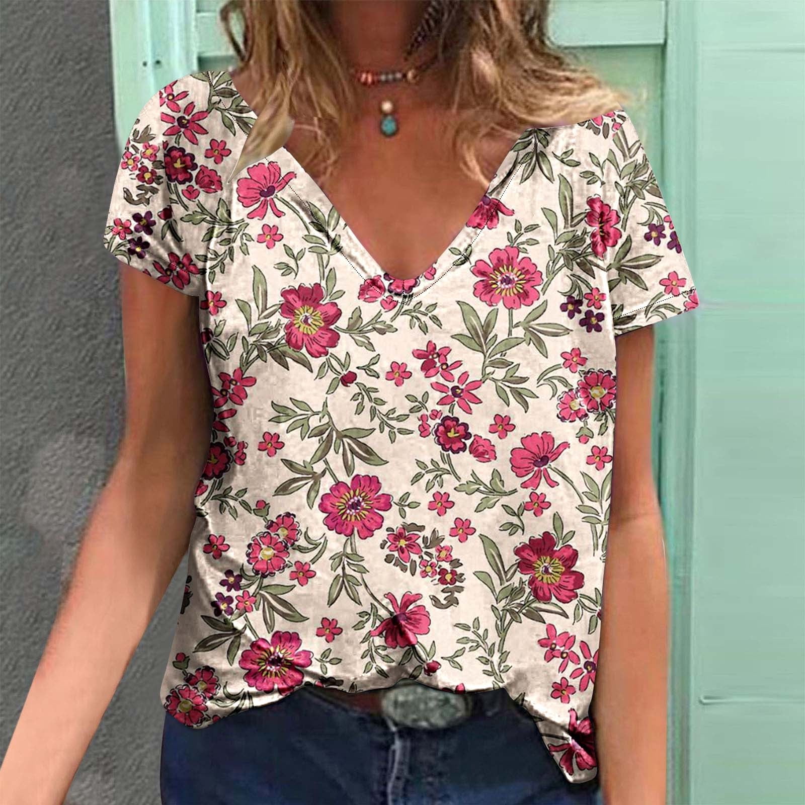 Sakmal Pink Womens Tops Short Sleeve Fashion Deep V-Neck Floral T ...