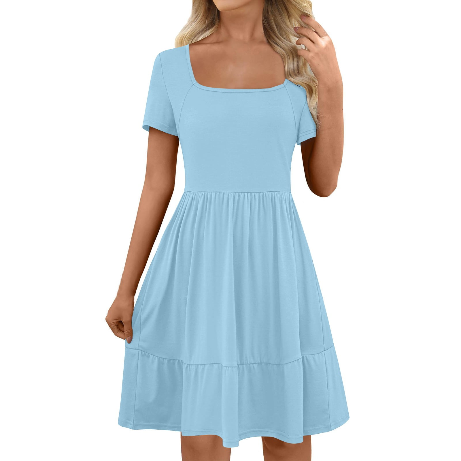 Sakmal Pleated Spring Dresses for Women Short T Shirt Mini Blue Dress ...
