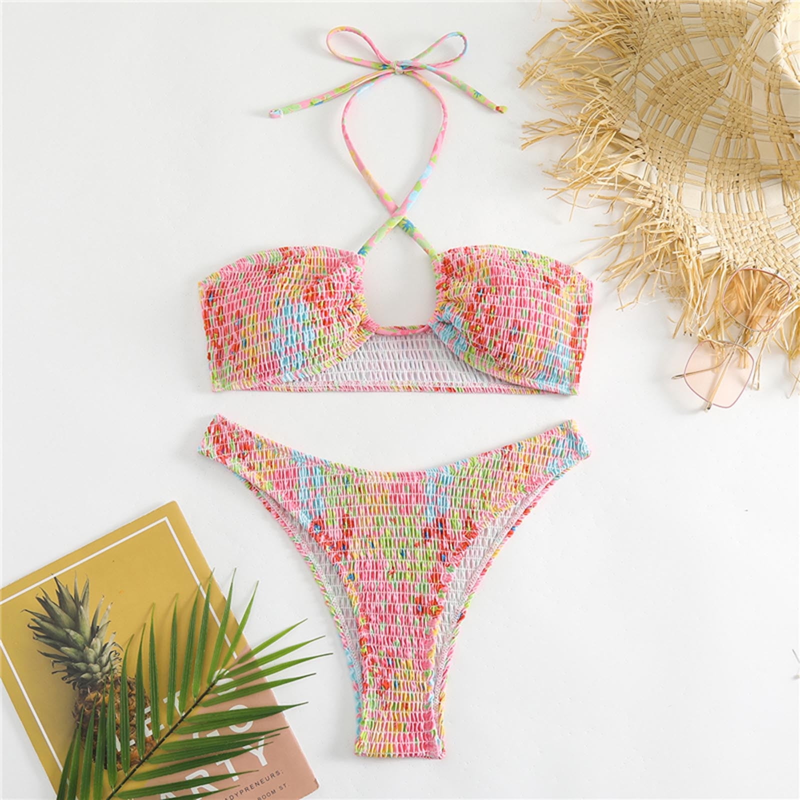 Sakmal Plus Size Bathing Suit Pink Bikini Wireless Sexy Swimsuit For Women 2024