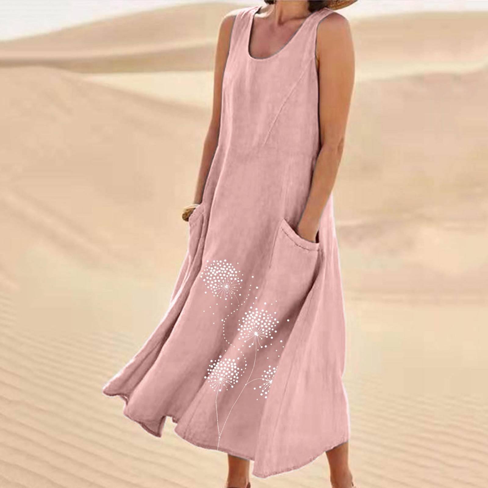 Sakmal Plus Size Dresses for Women 2025 Long Pink Tank Dress Sleeveless ...