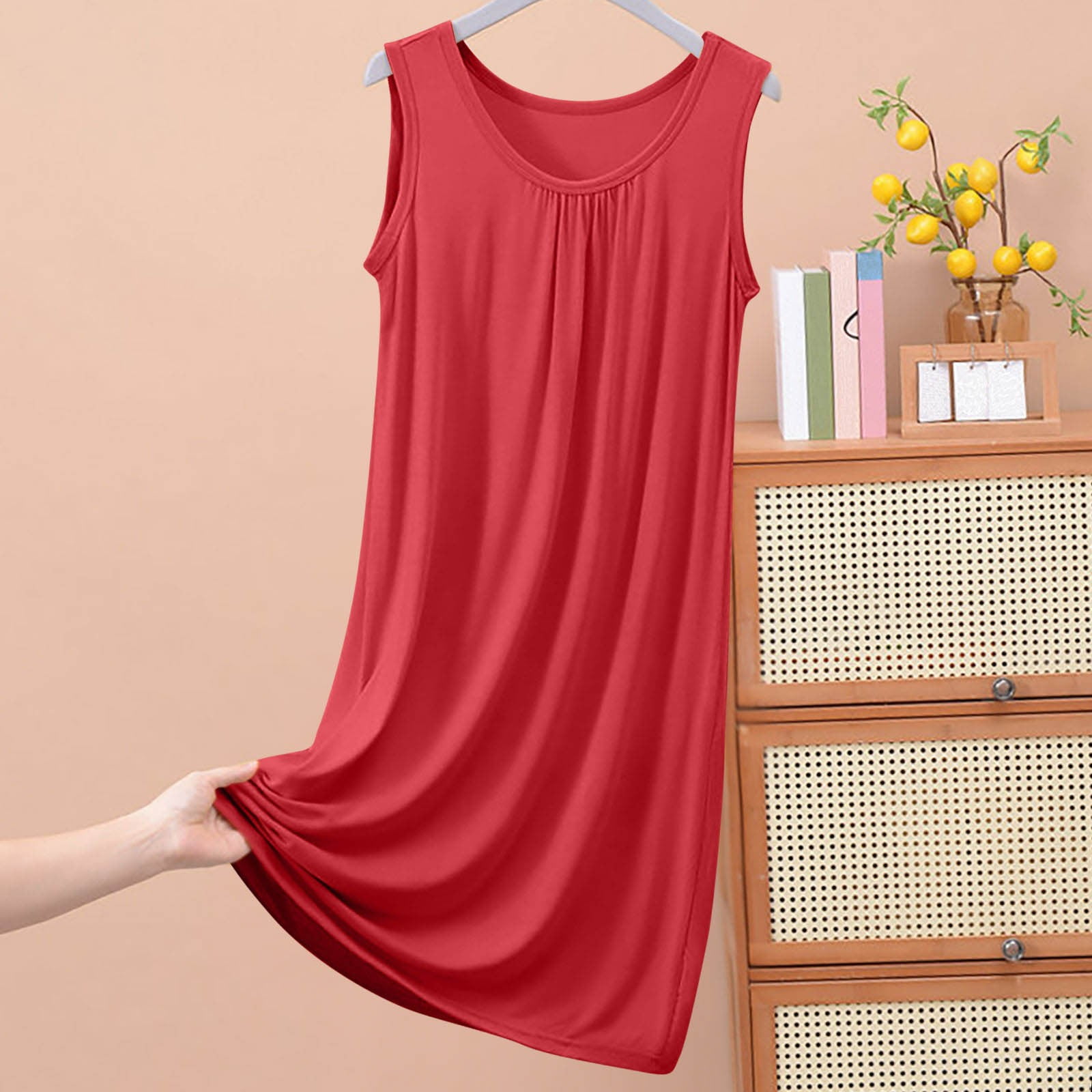 Sakmal Plus Size House Dress for Women Sleep Tanks Cotton Sleepwear Red ...