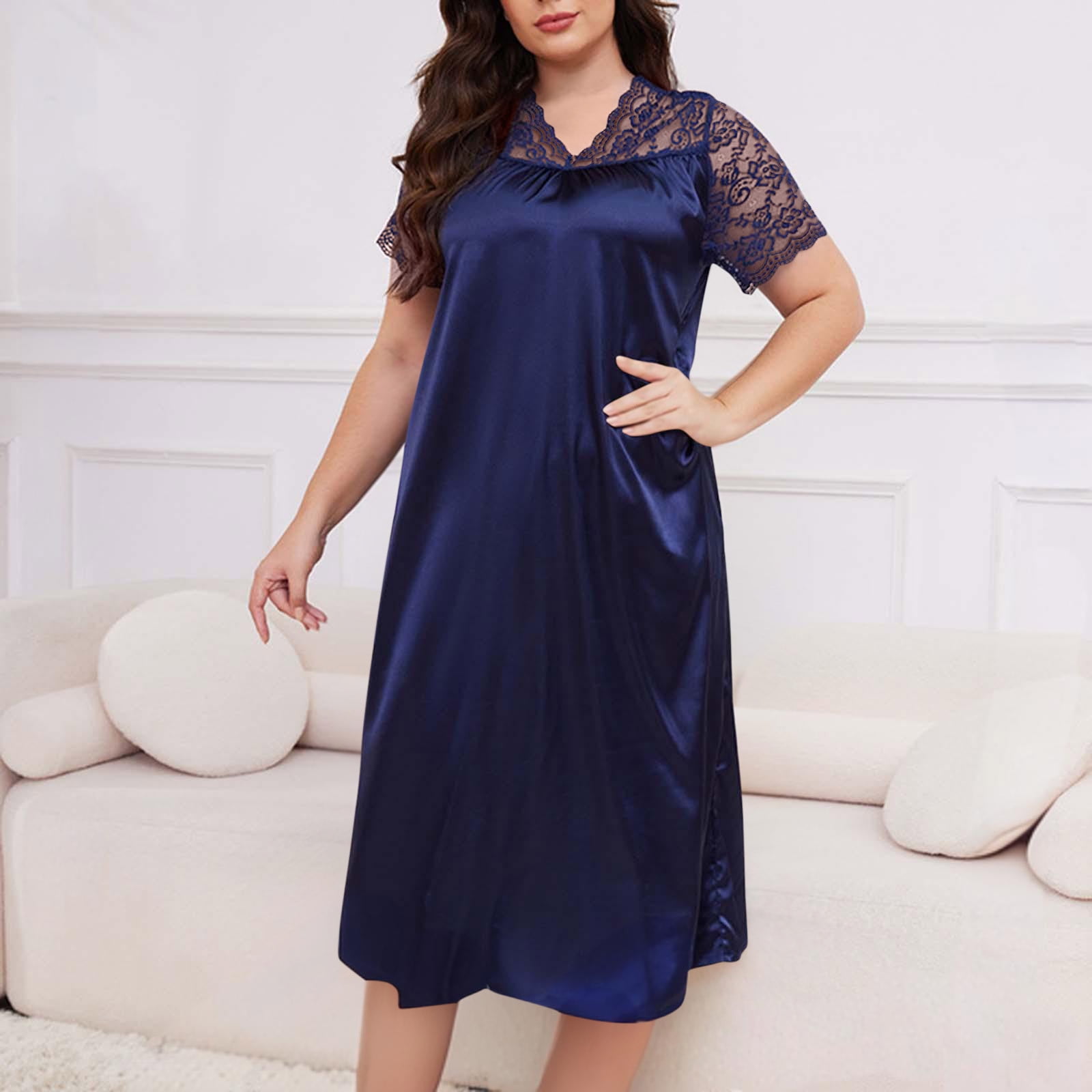 Sakmal Plus Size Moomoo Nightgowns Women Long Soft Blue Slip Night dress Solid Short Sleeve ...