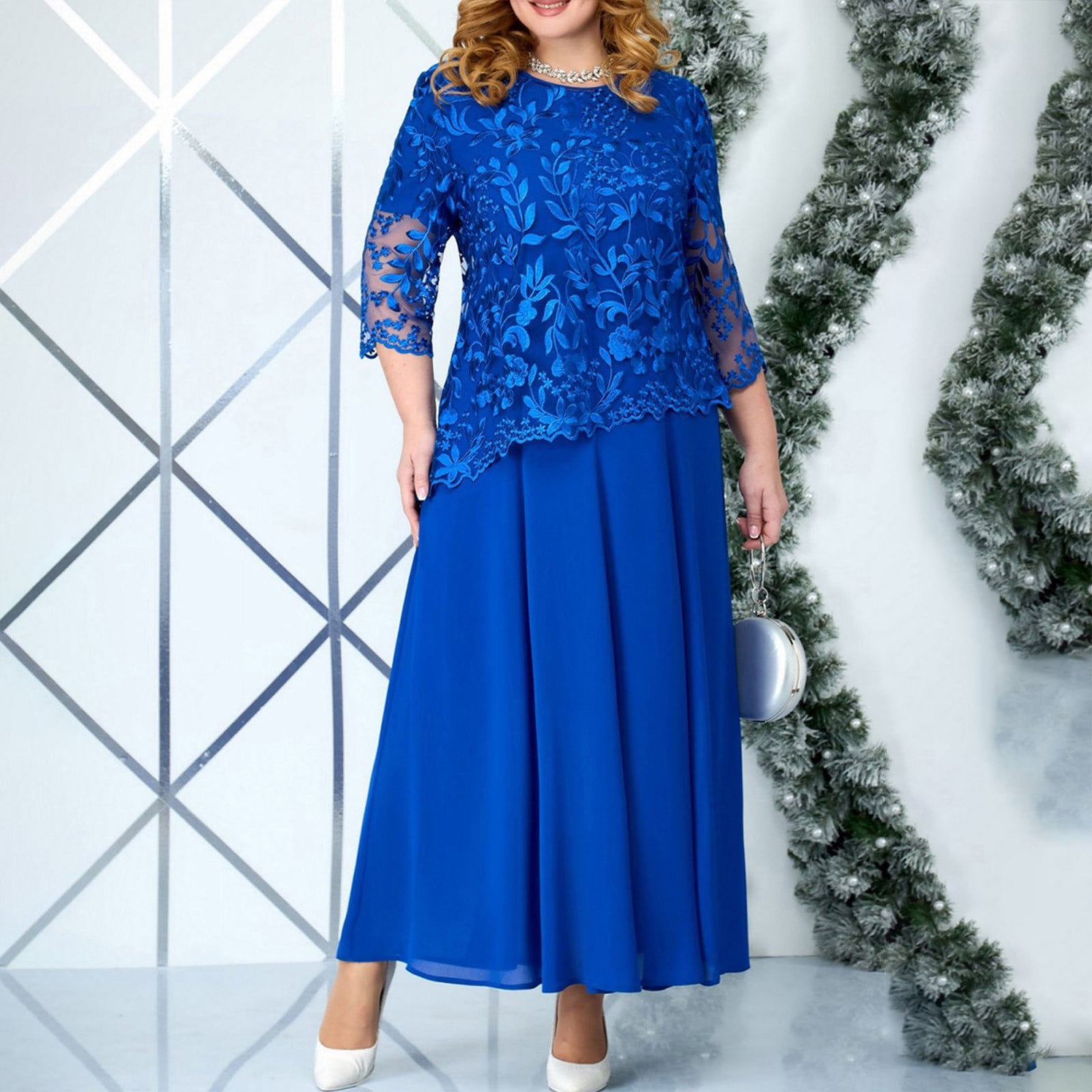 Sakmal Plus Size Spring Dresses Blue A Line Long Formal Dress Lace Crew ...