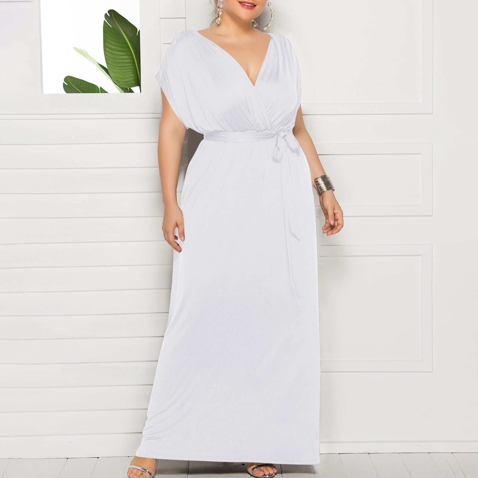 Sakmal Plus Size Spring Dresses Wedding Guest Cocktail White Maxi Dress ...