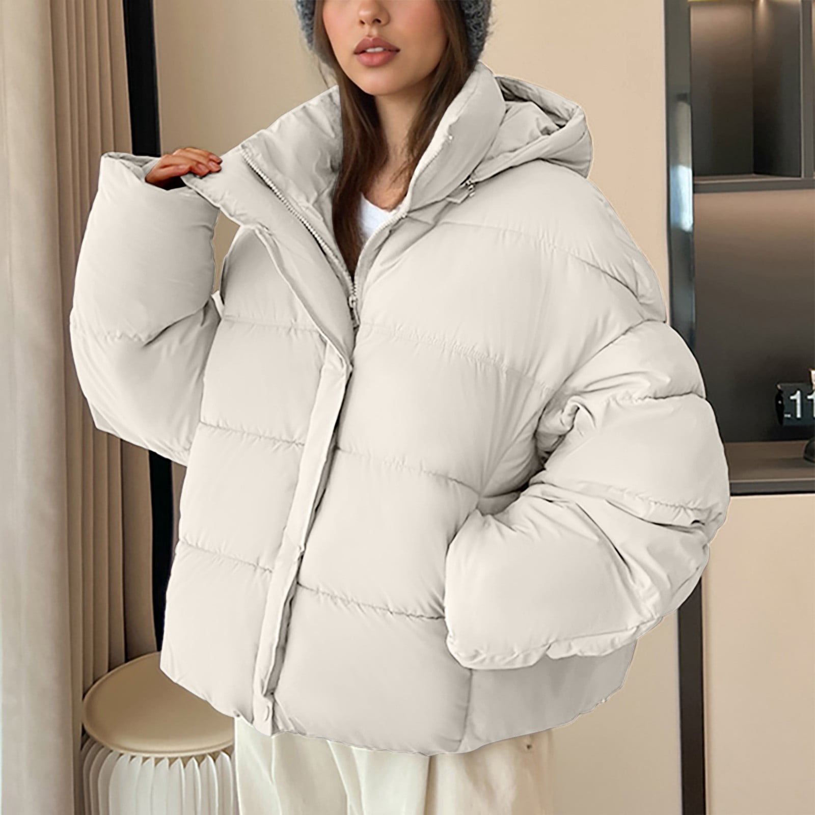 Sakmal Puffer Jacket Women Zip Up Snow Hooded Quilted Down Coat White ...