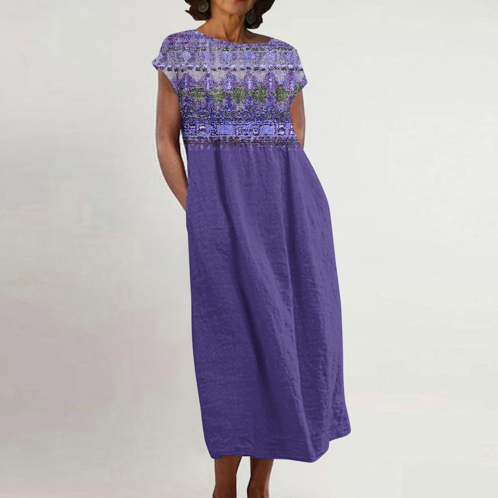 Sakmal Purple Women Dresses Shift Floral Long Dress Patchwork Linen Cap ...