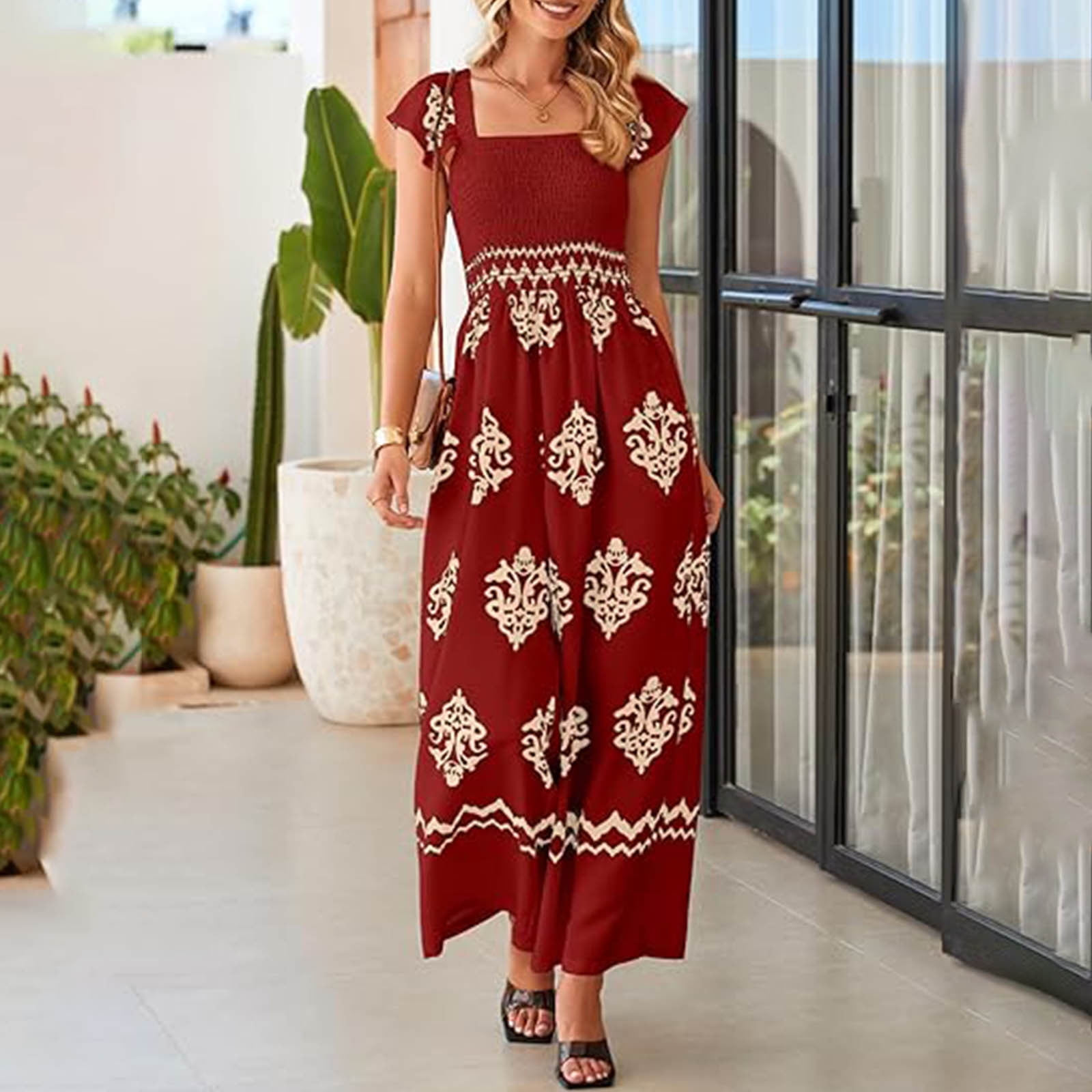 Sakmal Red Summer Rompers for Women 2025 Short Sleeve Square Neck Long ...