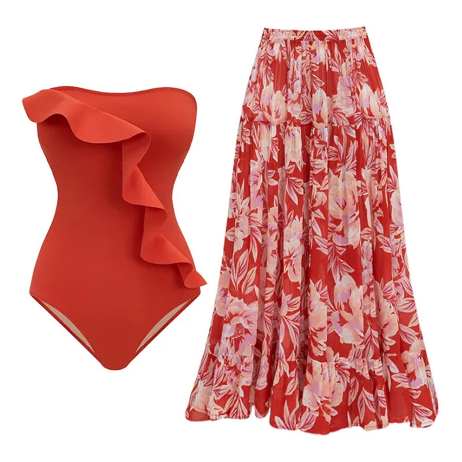 Sakmal Red Swimsuit Women Two Piece Sets Tummy Control One-Piece Ruffle ...