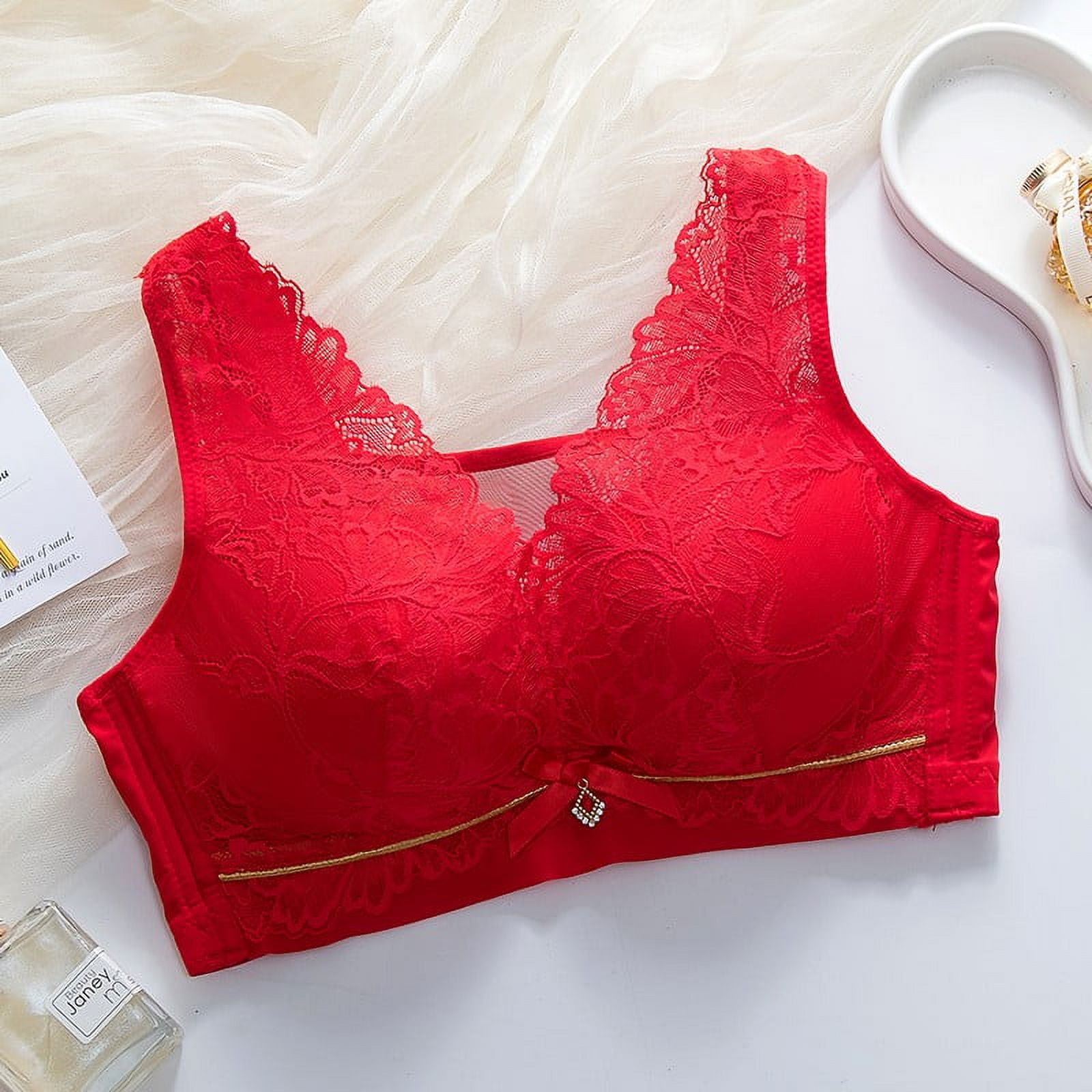Sakmal Red Womens Bra Lace Adjustable Straps Full-Coverage Wireless Bra ...