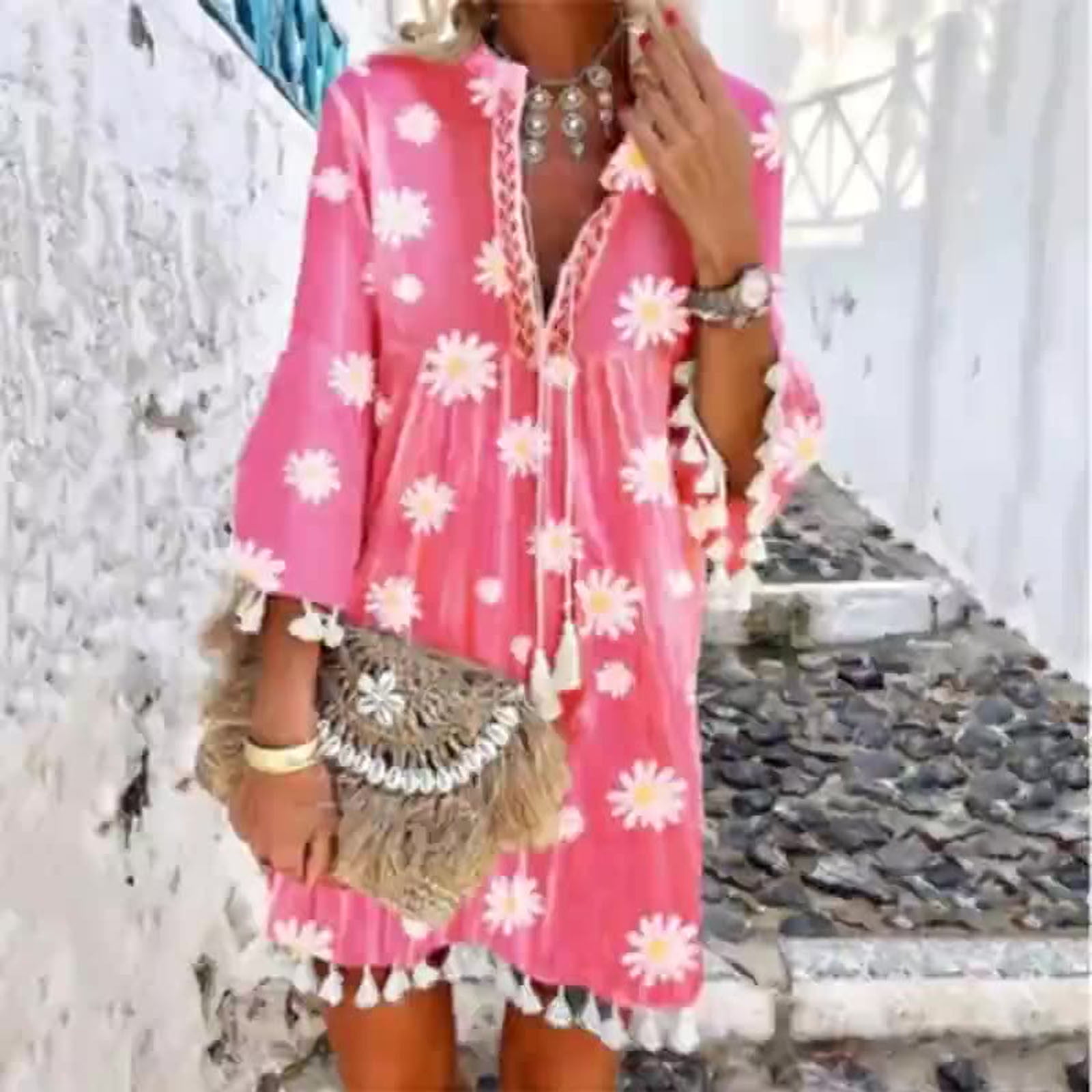 Sakmal Short Dresses for Women 2025 Midi Pink Sundress Dress Bell ...