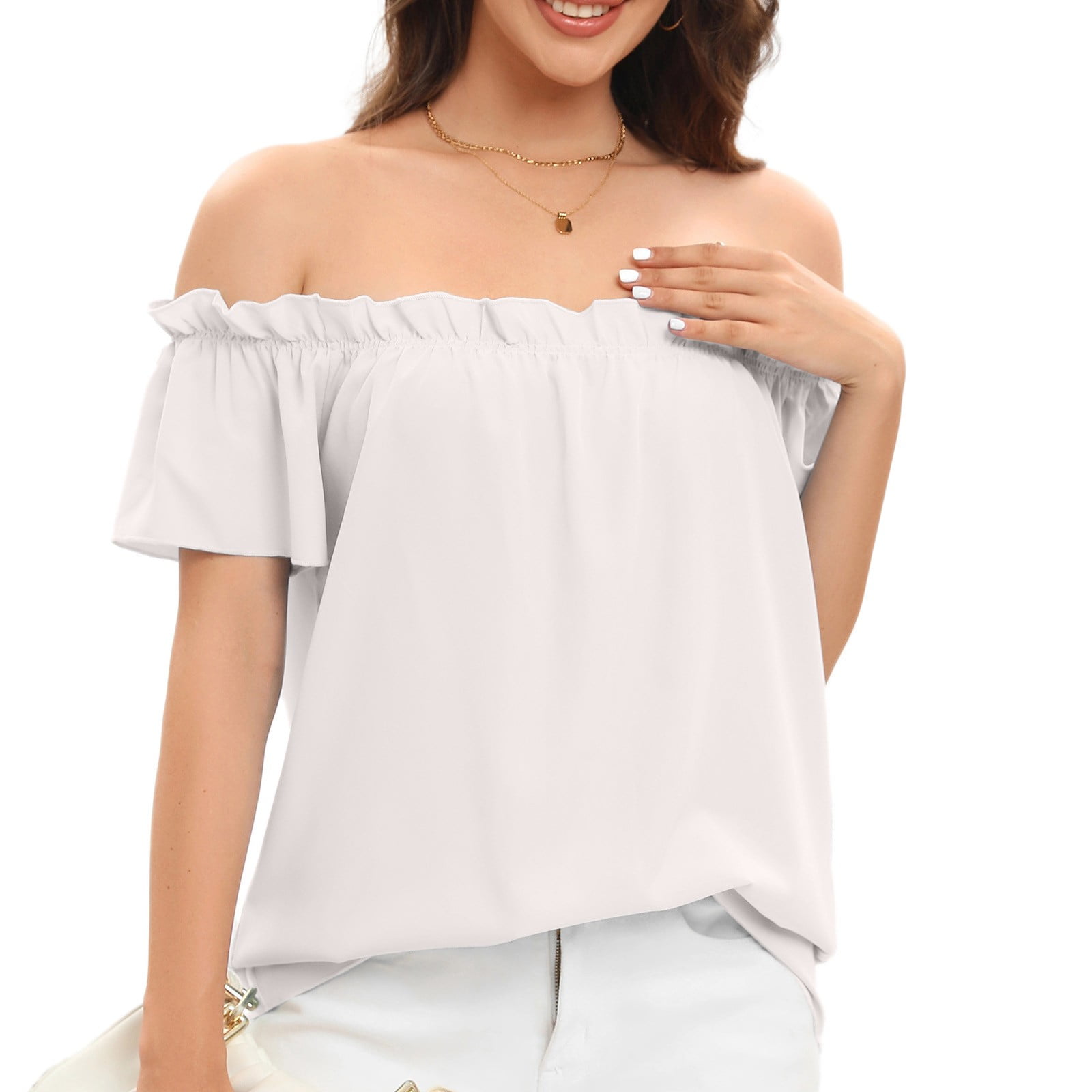 Sakmal Short Sleeve Casual Tops for Women White Chiffon Solid Off-The ...