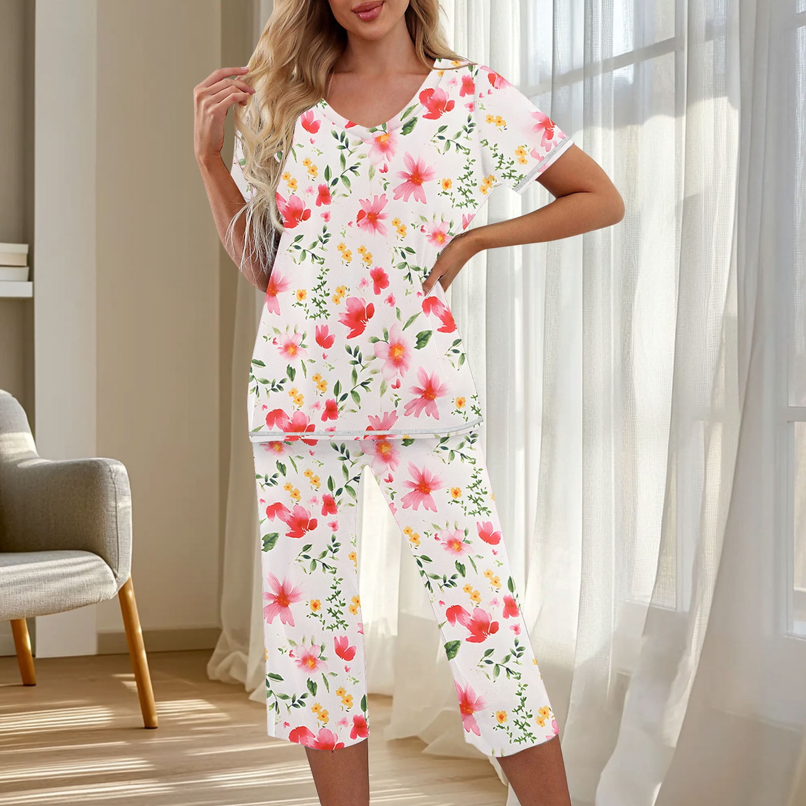Sakmal Short Sleeve Pajama Set for Women Pink Cooling Capri Pants and ...