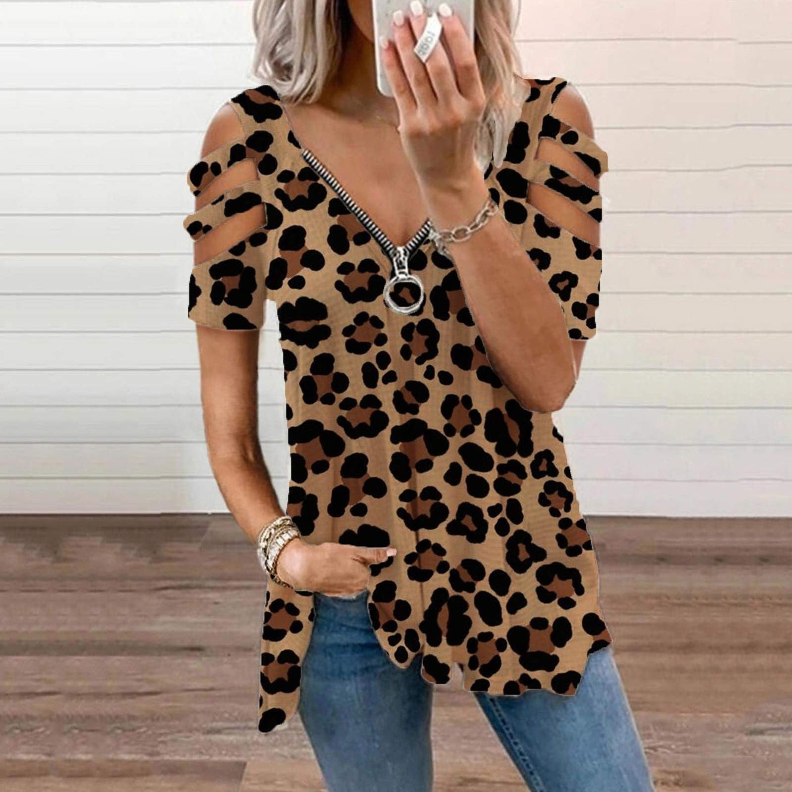 Sakmal Short Sleeve Womens Tops Plus Size Brown Leopard Print V-Neck ...