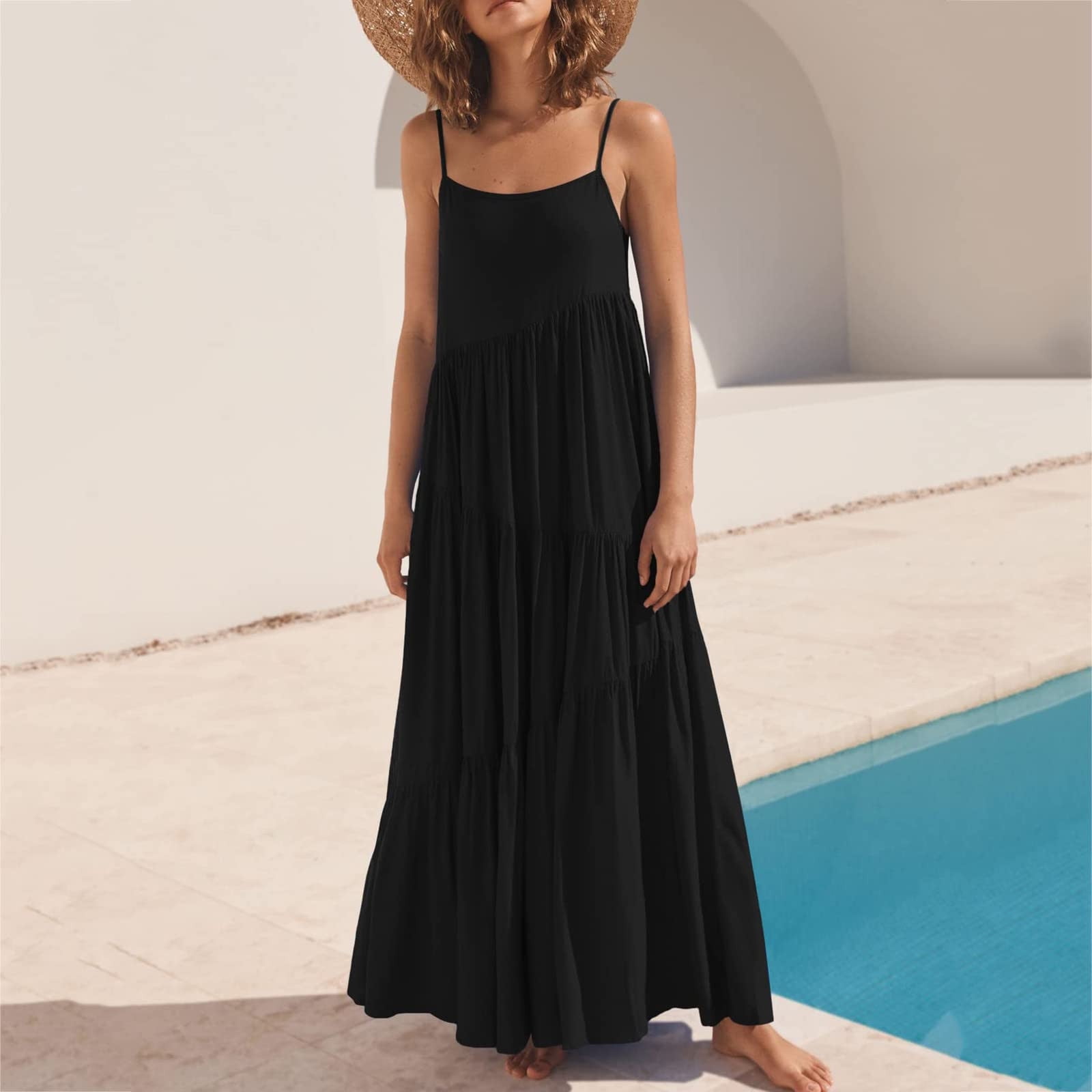Sakmal Sleeveless Casual Dresses for Women Scrunch Neck Flowy Solid ...
