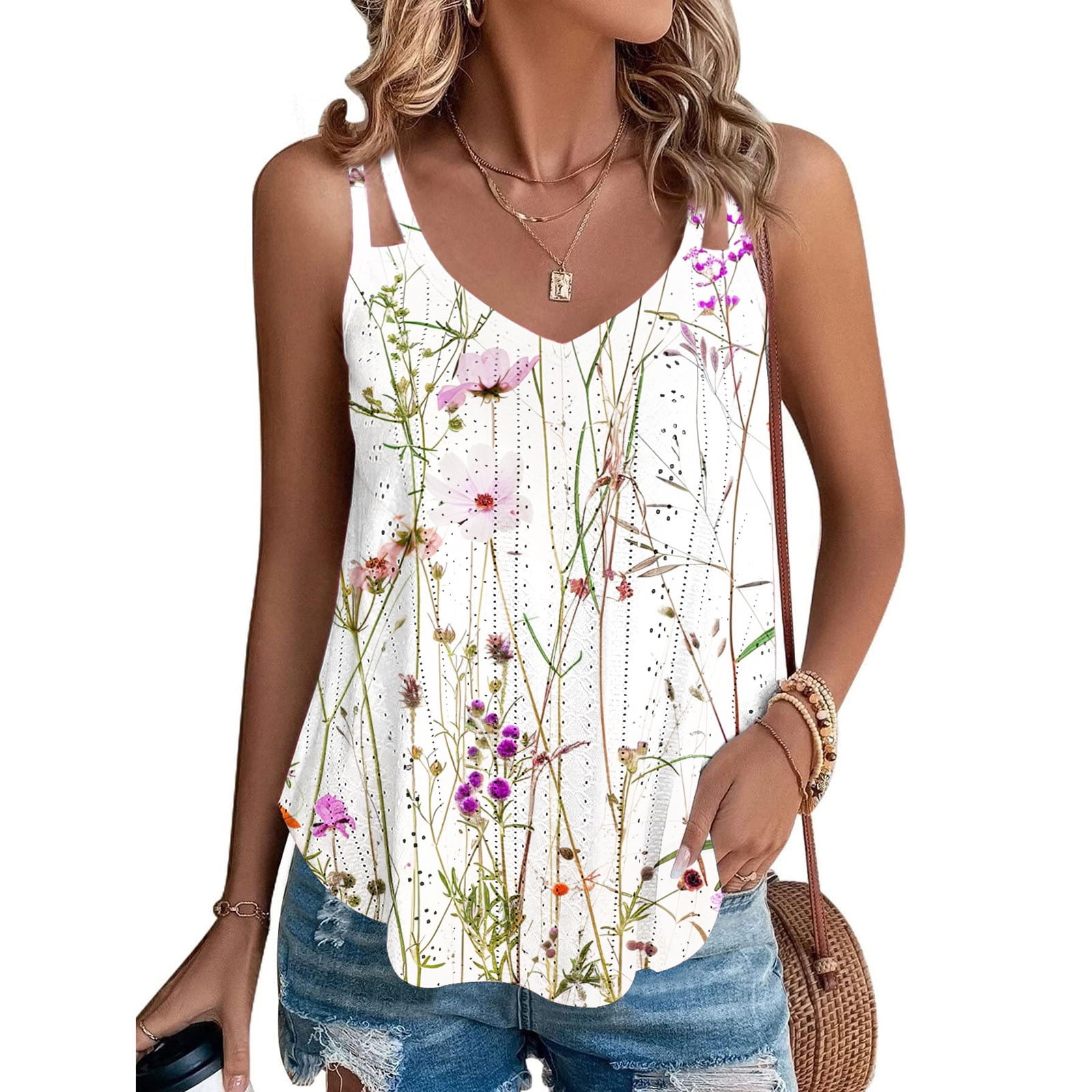 Sakmal Sleeveless Tank Top for Women Casual V-Neck Trendy Floral ...