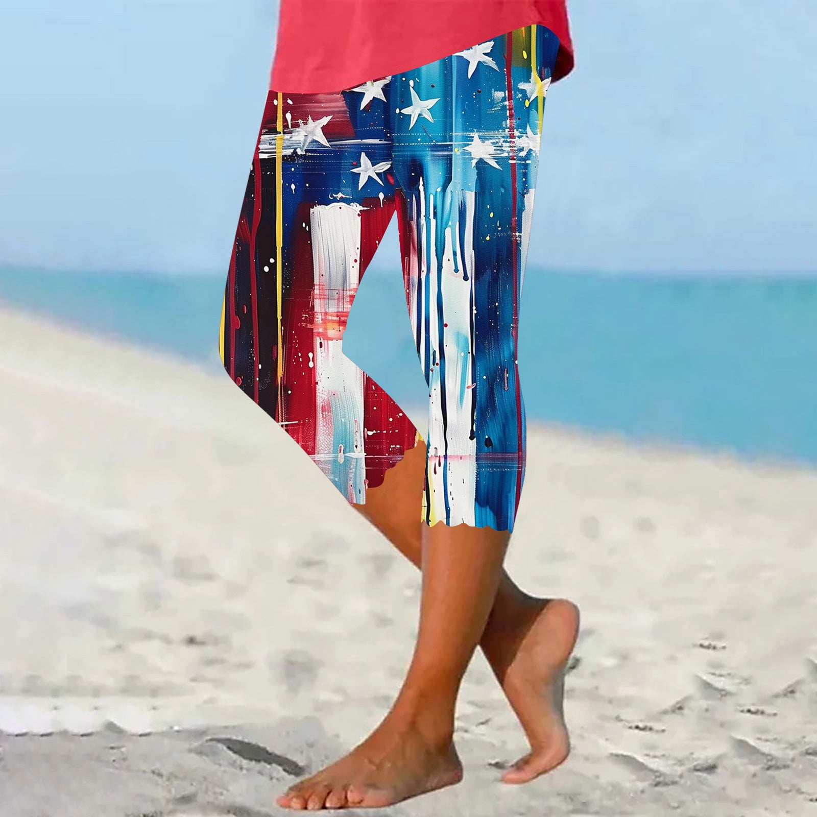 Sakmal Slim Leg Womens Capri Pants Blue 4Th of July Plus Size 7/8th Elastic Waist Usa Flag Mid ...