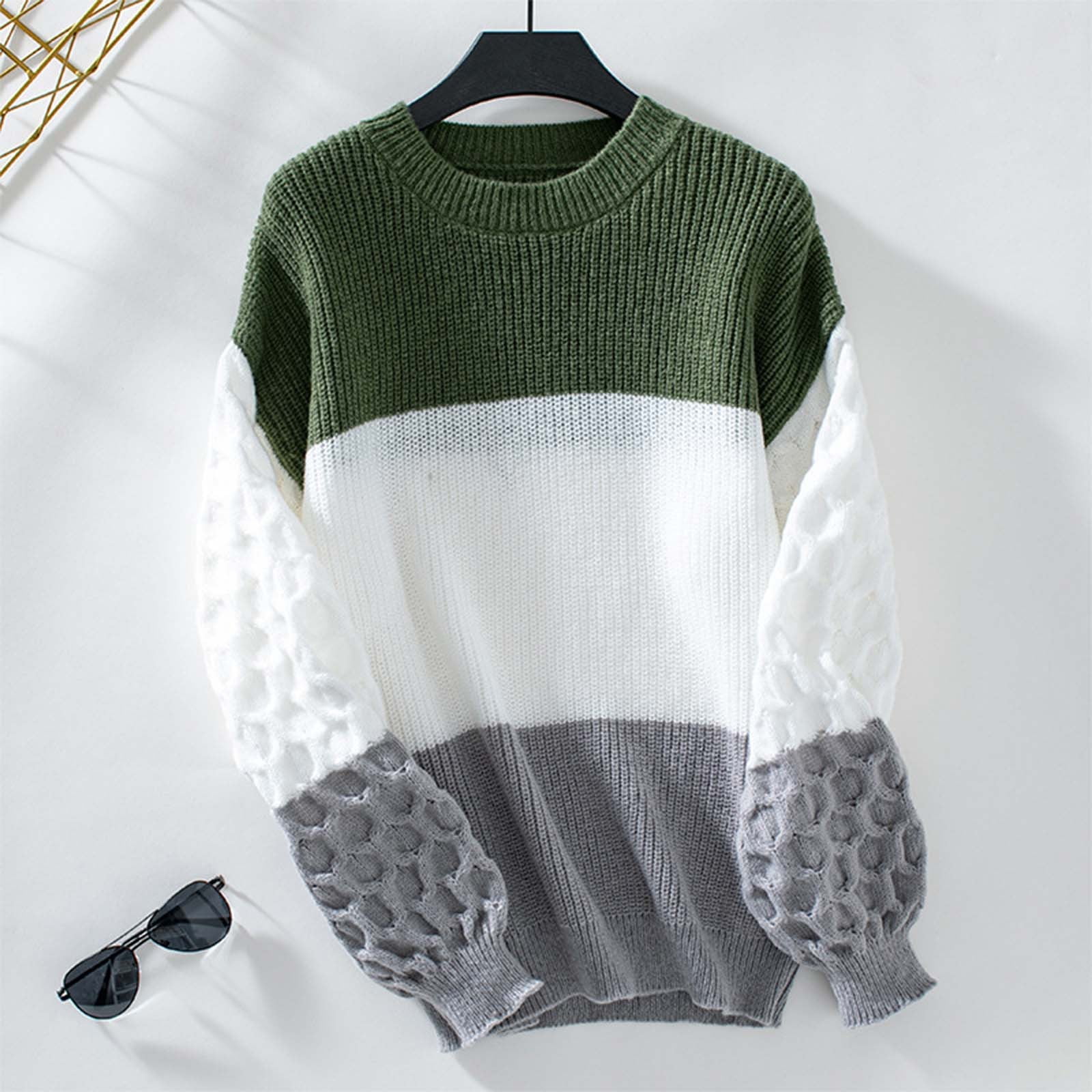 Sakmal Soft Sweaters for Women Green Pullover Ribbed Tops Color Block ...