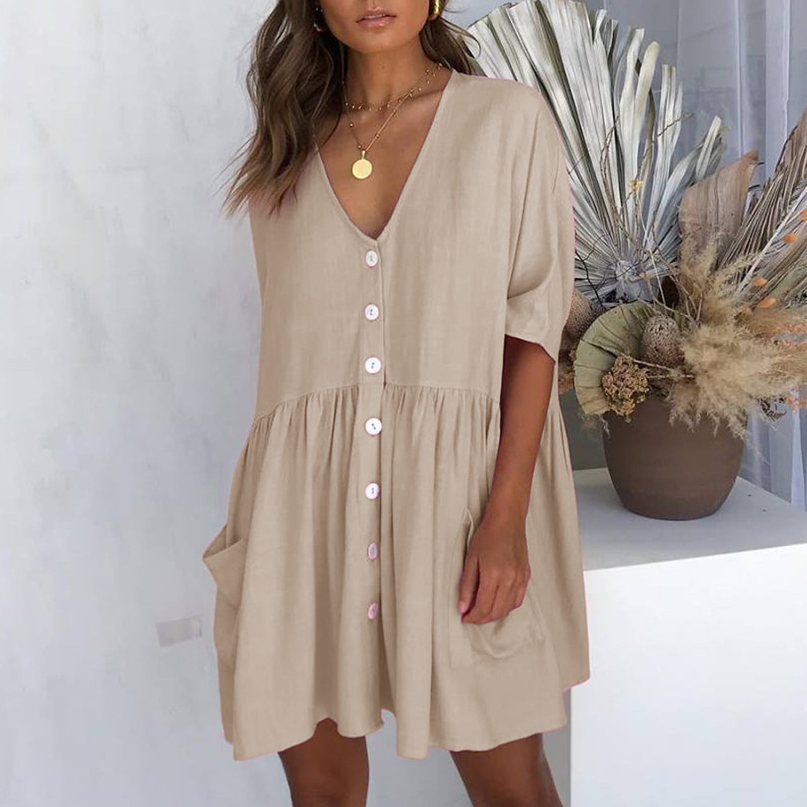 Sakmal Solid Dresses for Women 2024 Beige Shirt Dress Knee Length ...
