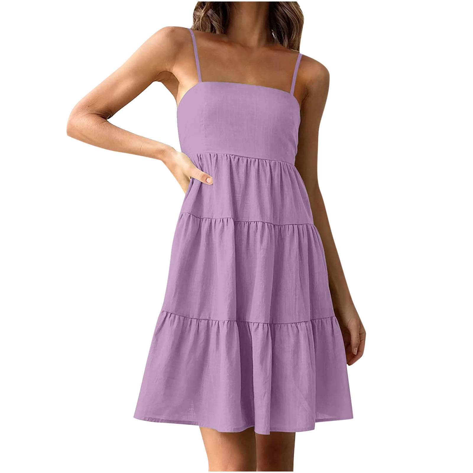Sakmal Solid Dresses for Women 2024 Sun Dress Short Purple Tiered ...