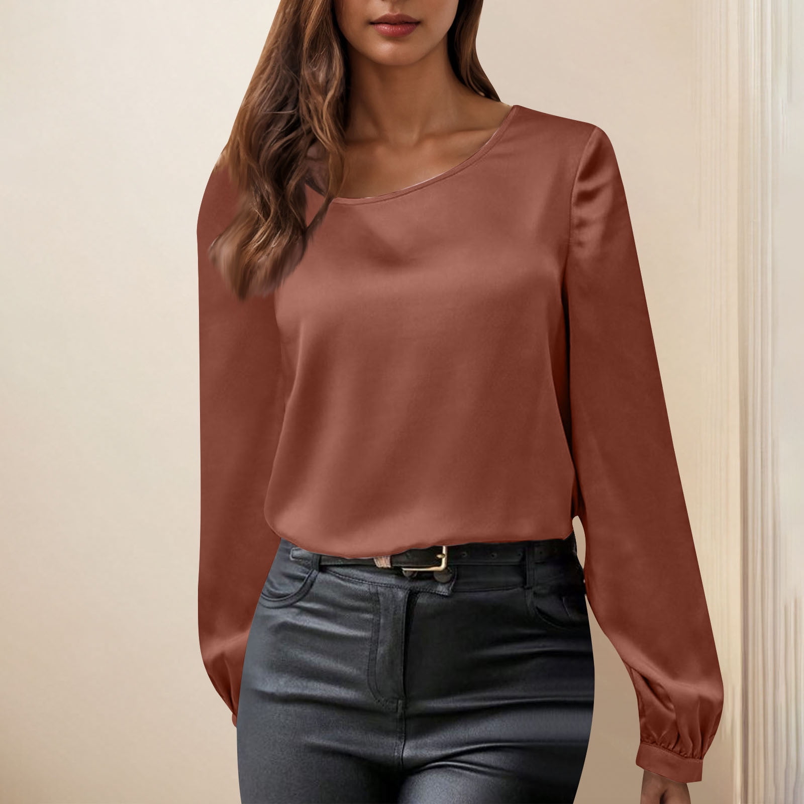 Sakmal Solid Spring Blouses for Women 2025 Crew Neck Long Sleeve ...