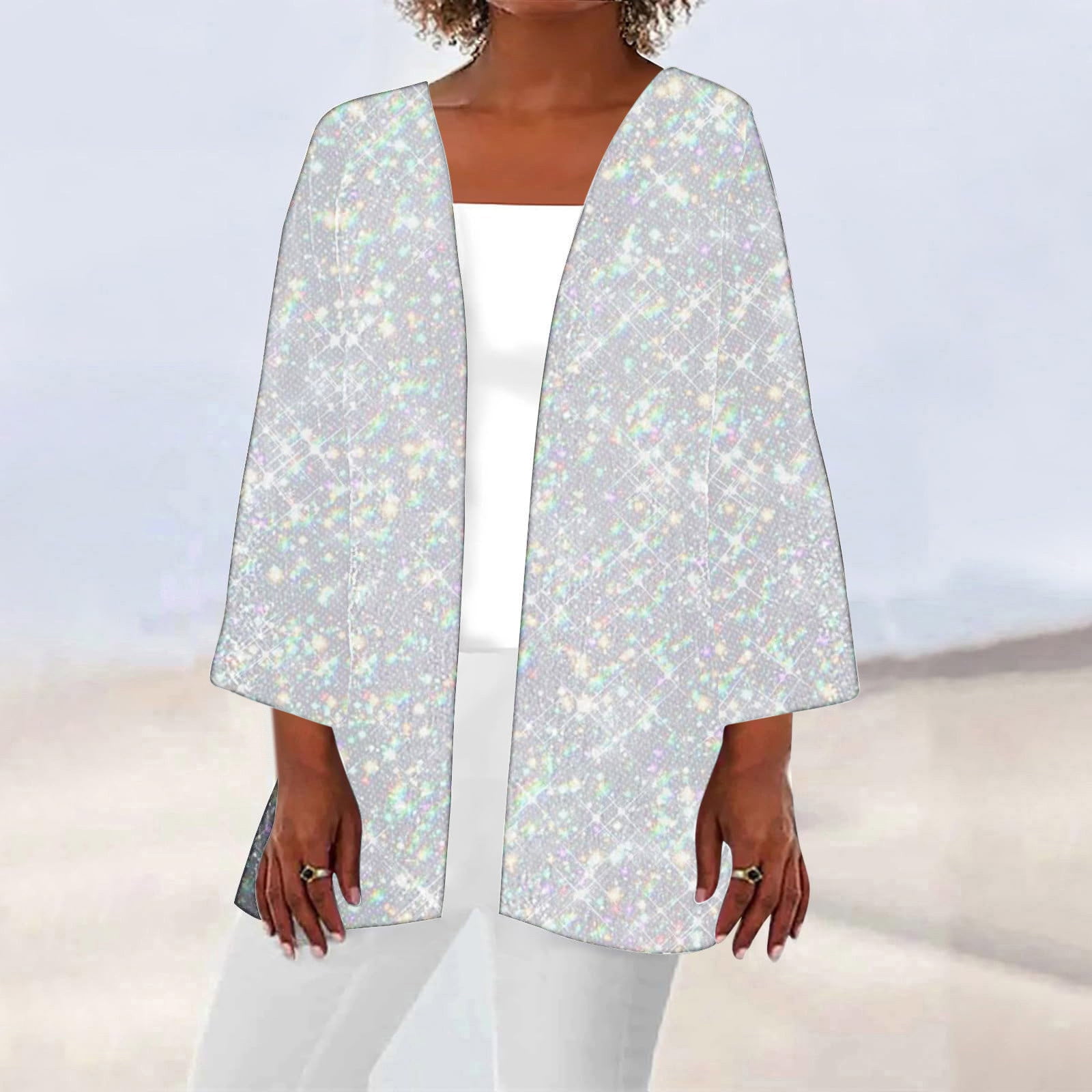 Sakmal Spring Coats for Women Cover-Up Elbow-Length Silver Cardigan ...