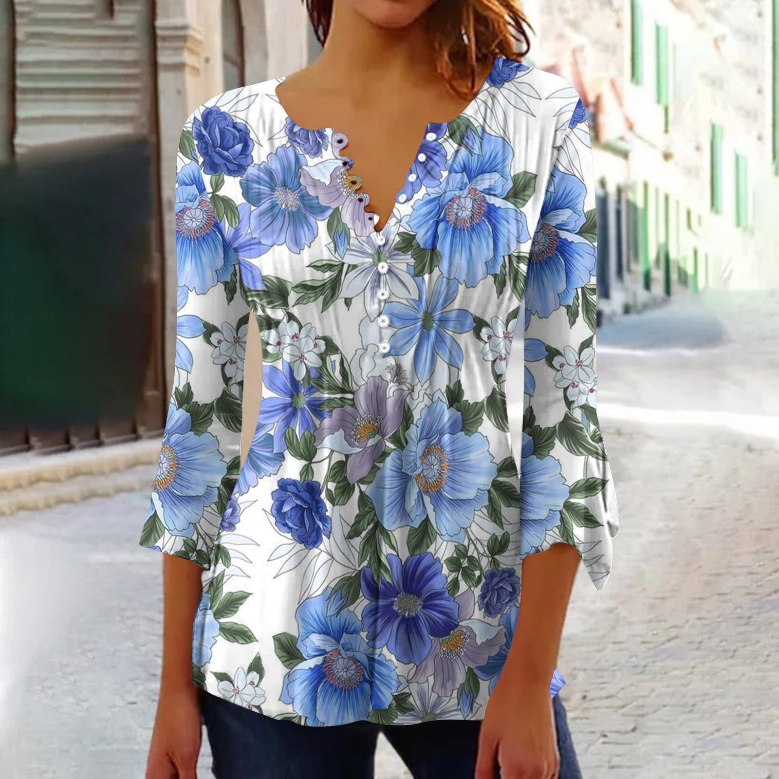 Sakmal Spring Tops for Women 2024 3/4 Sleeve Blue Pleated V-Neck Floral ...