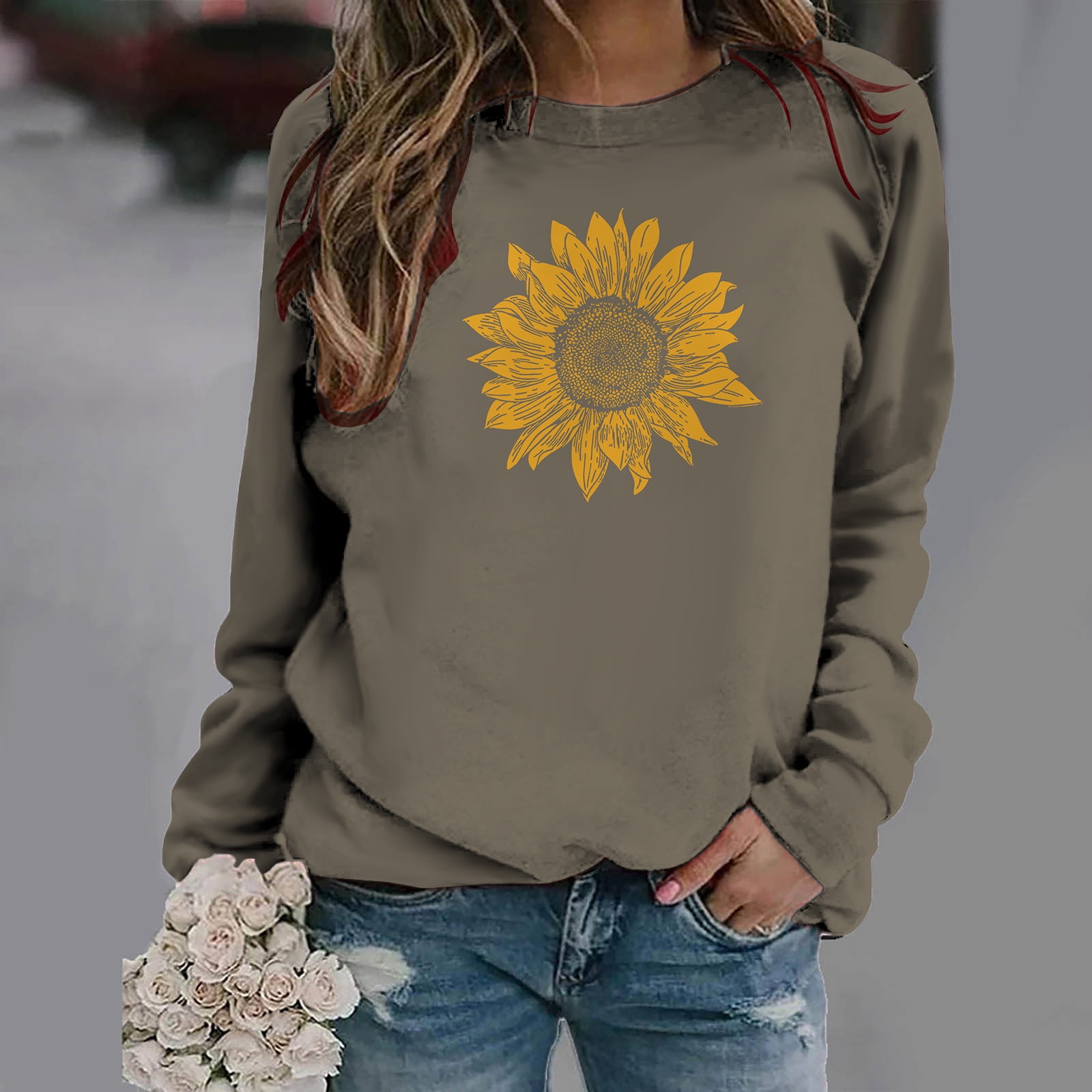 Sakmal Spring Tops for Women 2024 Yellow Long Sleeve Graphic Sunflower ...