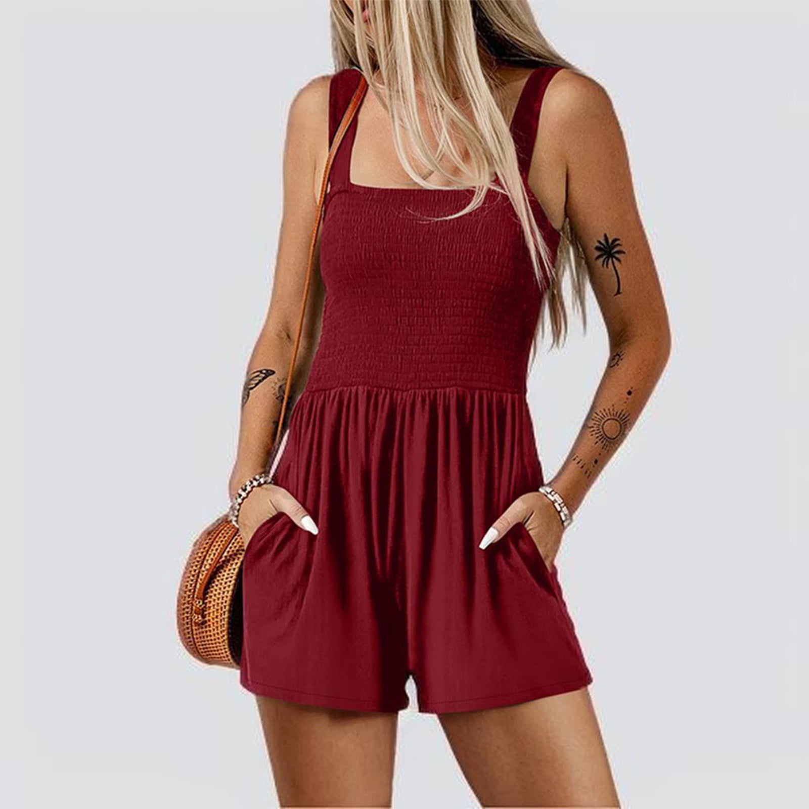 Sakmal Square Neck Womens Summer Rompers Sleeveless Beach Vacation Red ...