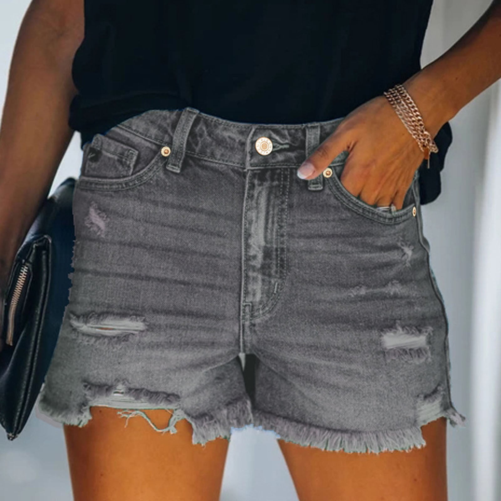 Sakmal Streetwear Jean Shorts Womens Denim Cut-off Gray Ripped 5 inch ...