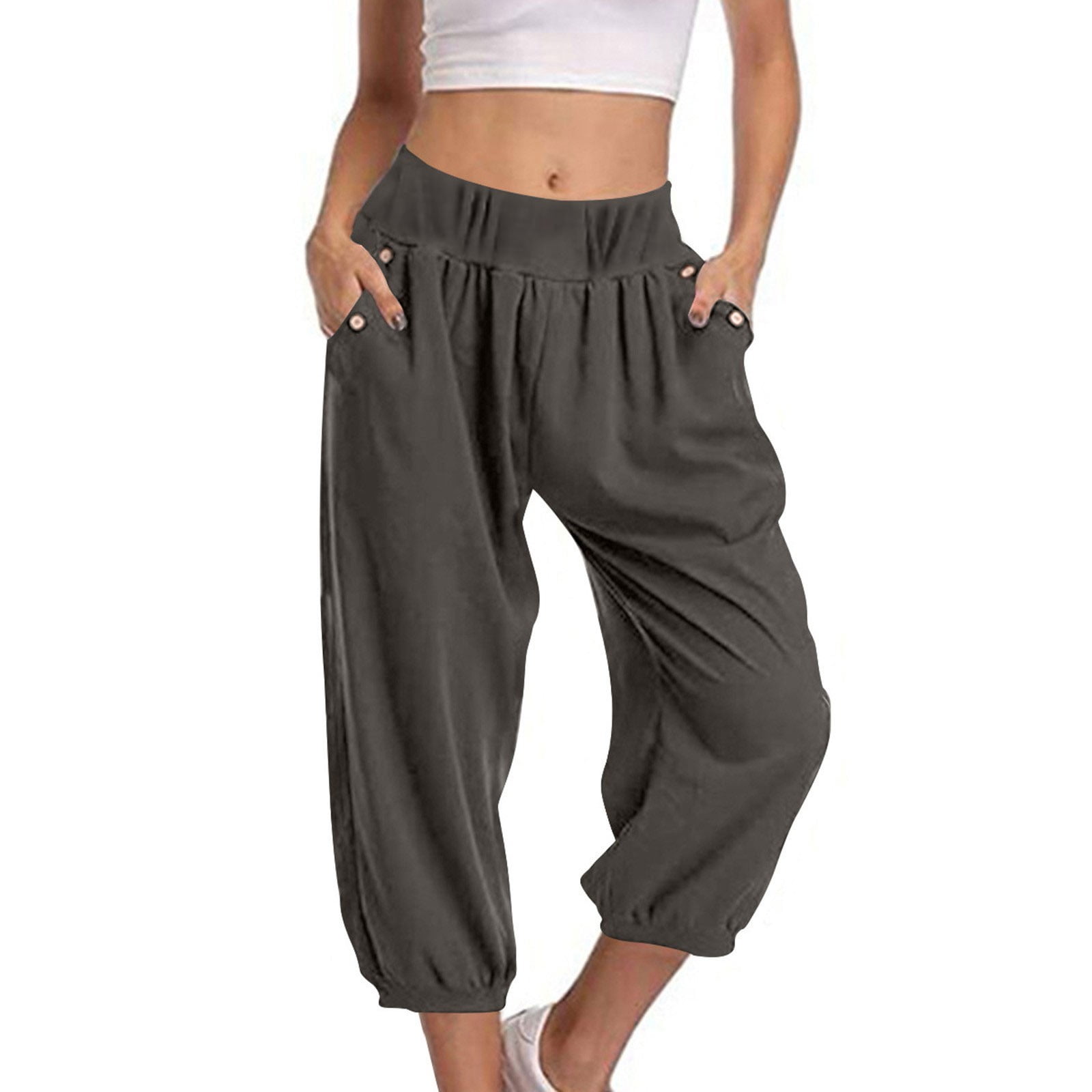 Sakmal Stretchy Womens Capri Pants Workout Wide Leg Gray Jogger Cropped ...