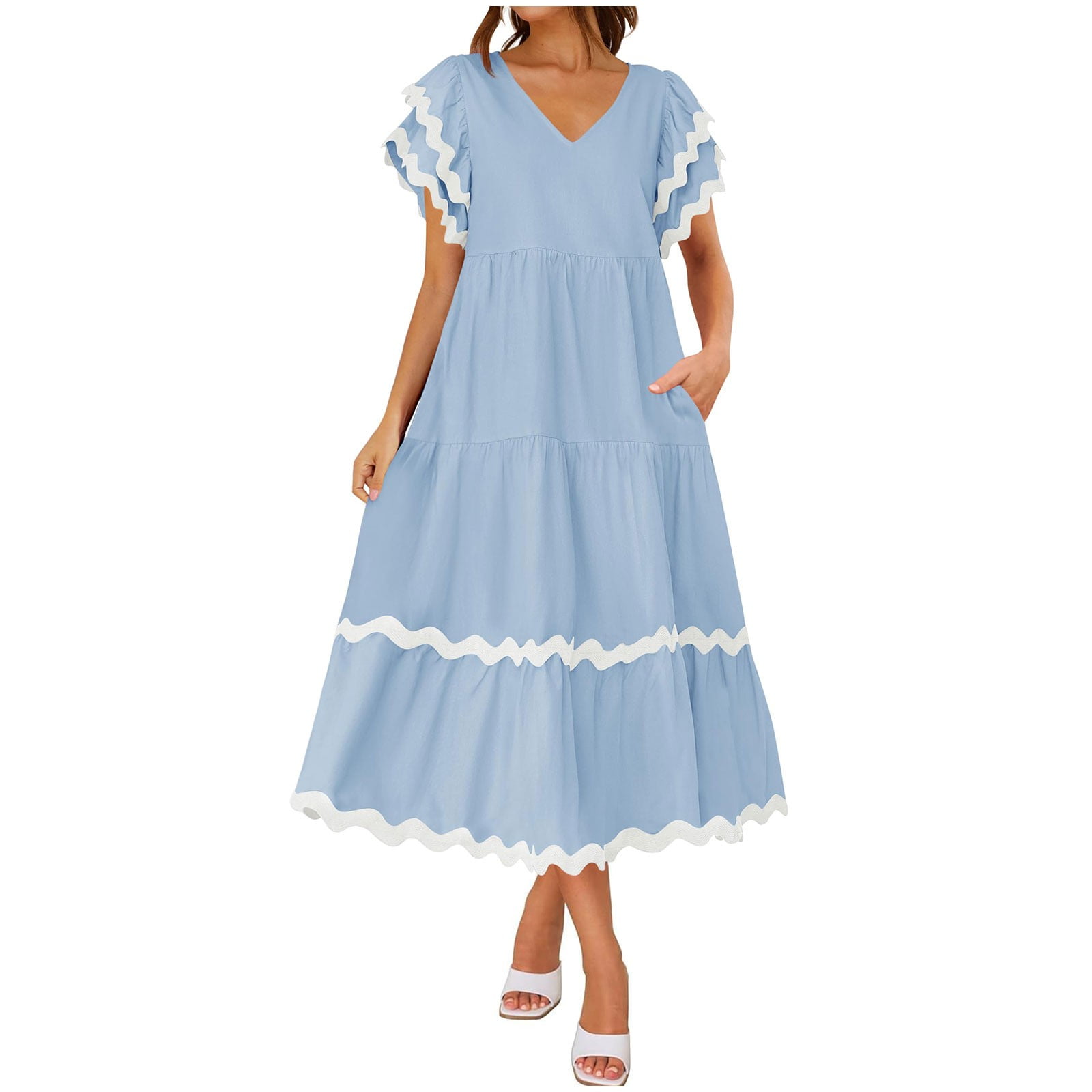 Sakmal Striped Casual Dresses for Women Pleated Short Sleeve Blue ...