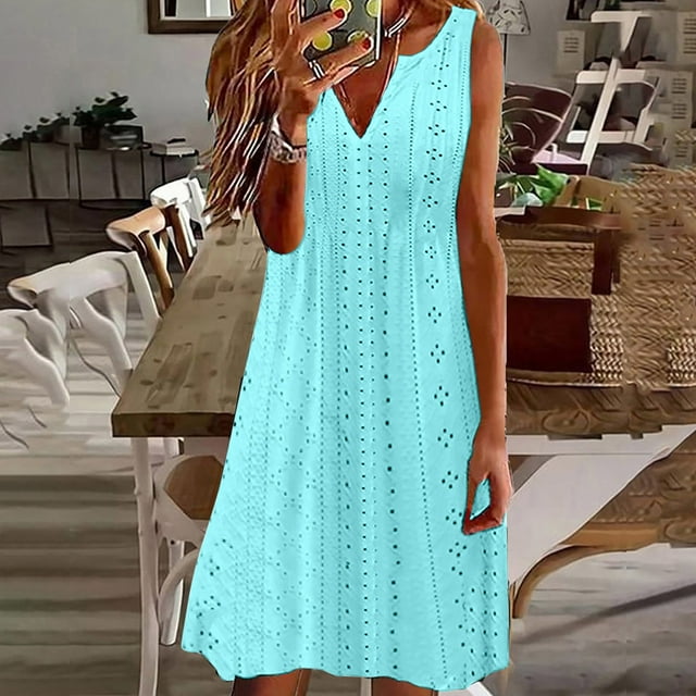 Sakmal Summer Dresses Solid Cutout Lightweight Blue Sleeveless Mid ...