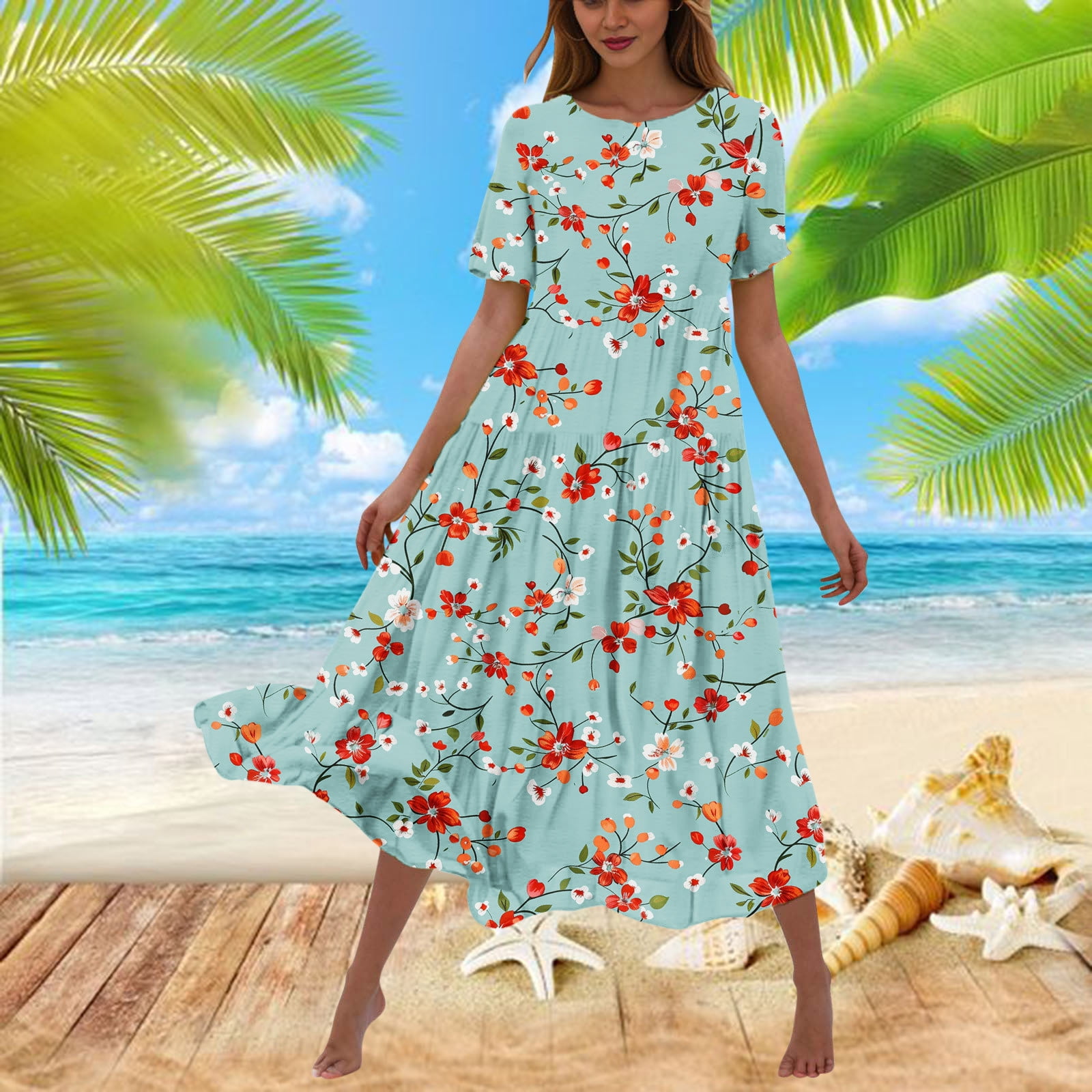 Sakmal Summer Dresses for Women Boho Floral Ruffle Green Short Sleeve ...
