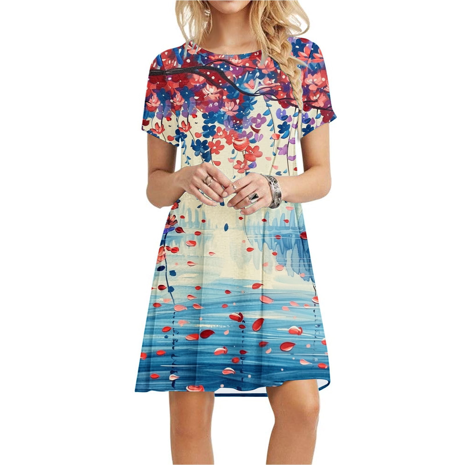 Sakmal Summer Dresses for Women Under $10 Crew Neck Mid-Length Short ...